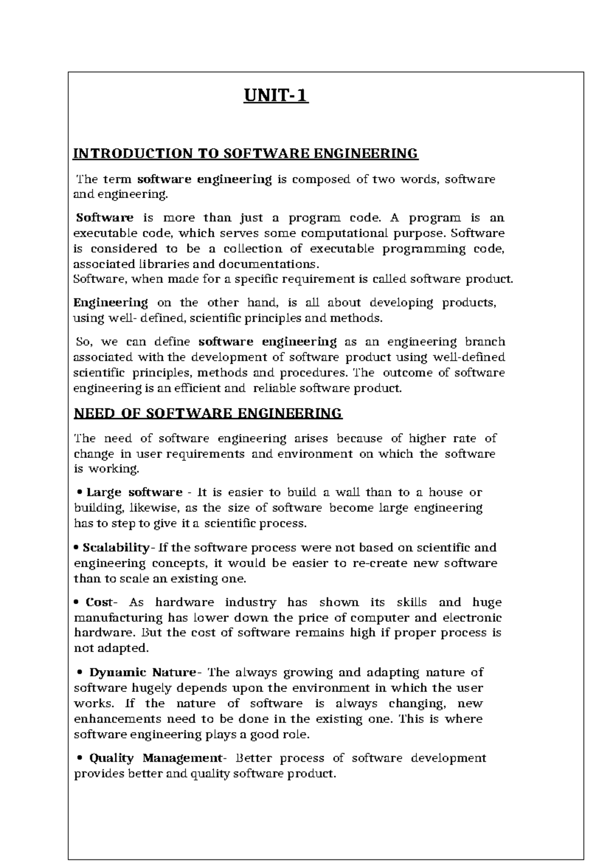 UNIT 1 - SE & T: Introduction to Software Engineering Notes - Studocu