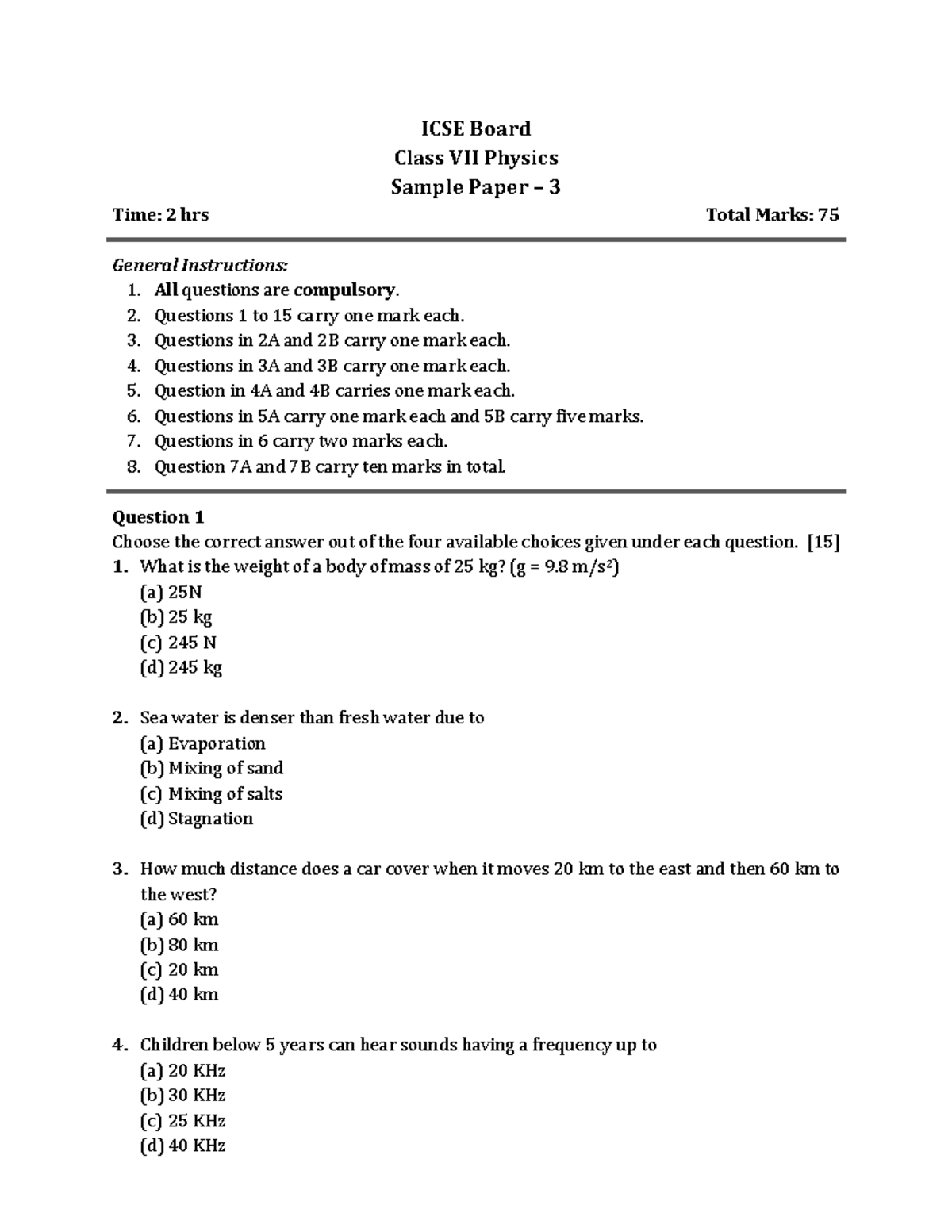 Grade 7 ICSE Physics Sample Paper - Past Papers 3 - Studocu