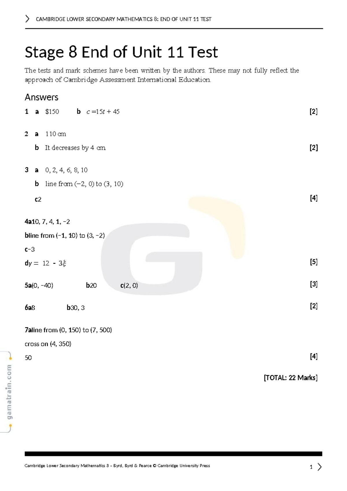 CAMBRIDGE LOWER SECONDARY MATH 8: UNIT 11 TEST ANSWERS - Studocu