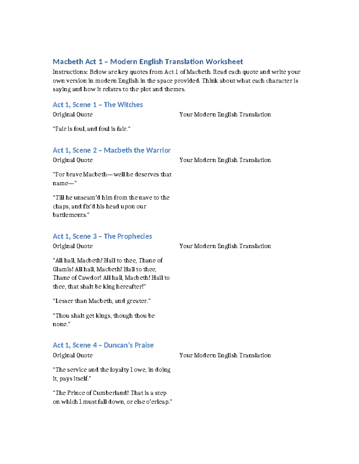Macbeth Act 1 Modern English Translation Worksheet - Studocu
