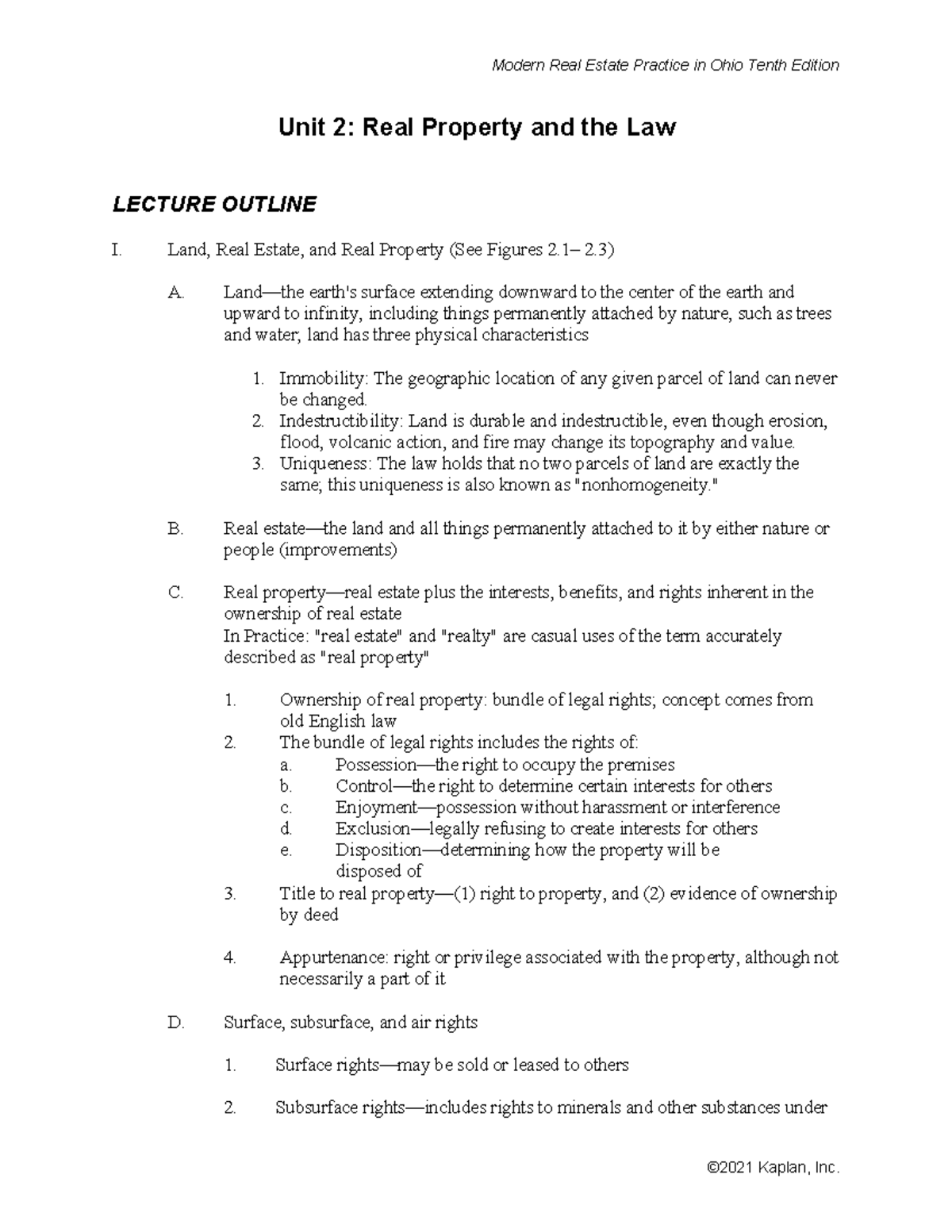 Ohio Real Property Law - Unit 2 Lecture Overview and Key Concepts - Studocu