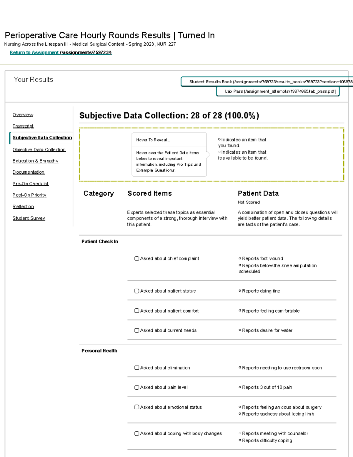 NUR 227 Perioperative Subjective Data Collection Report - Spring 2023 ...
