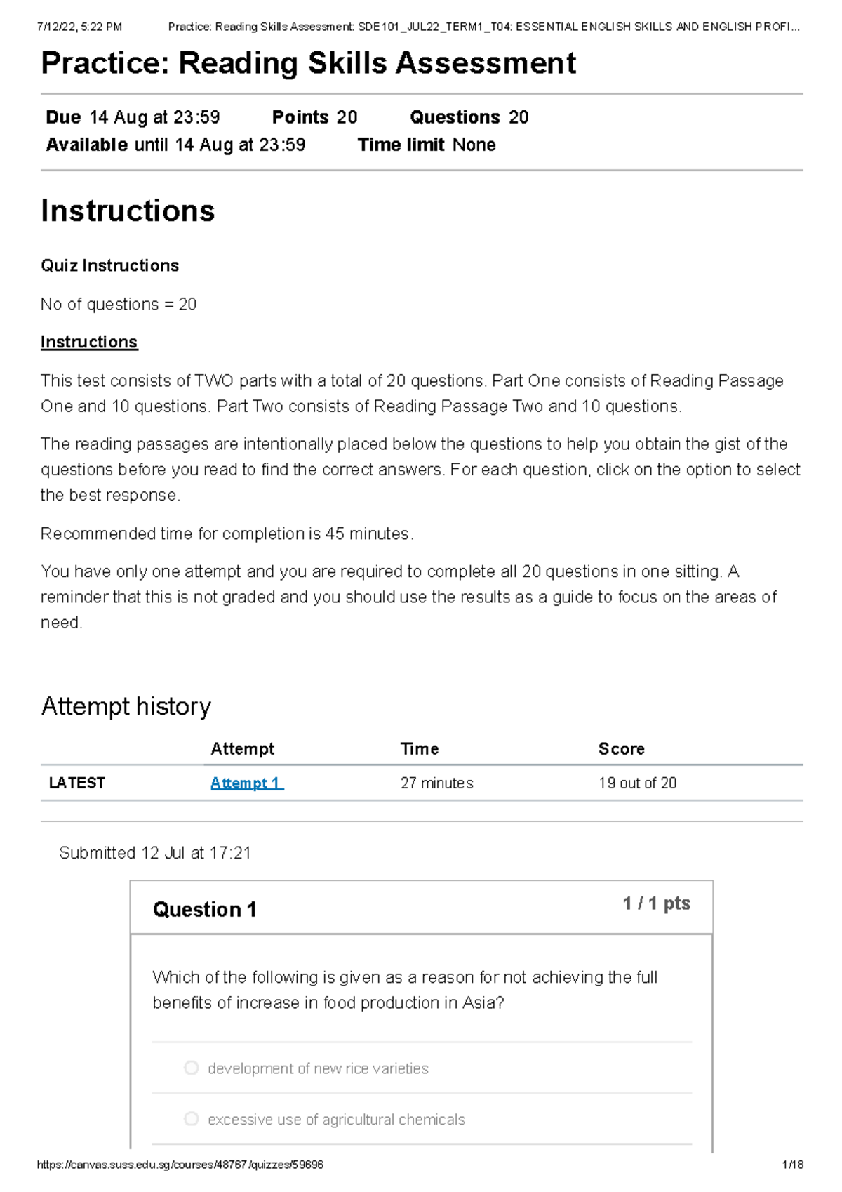SDE101 Reading Skills Practice Quiz: Skills Assessment Guide - Studocu