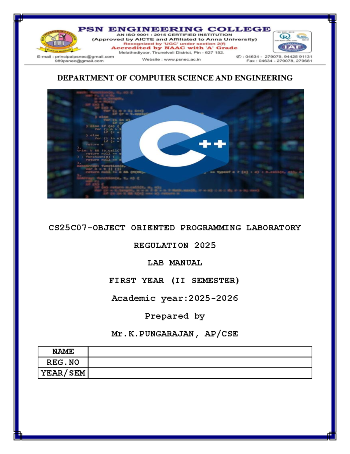 CS25C07 Object Oriented Programming Lab Manual (R-2025) - Studocu