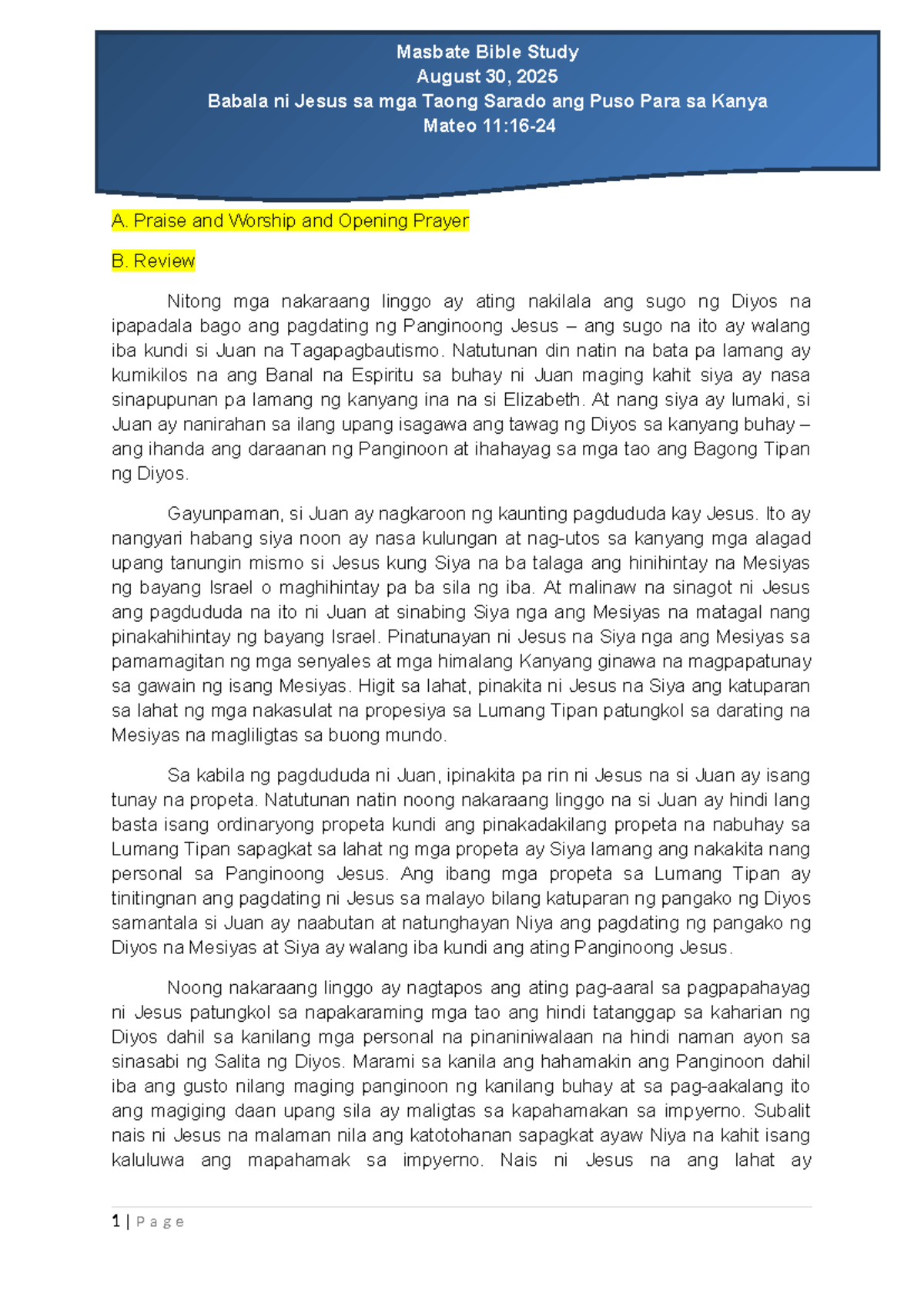 Masbate Bible Study: Babala ni Jesus sa mga Saradong Puso (Aug 30, 2025) - Studocu