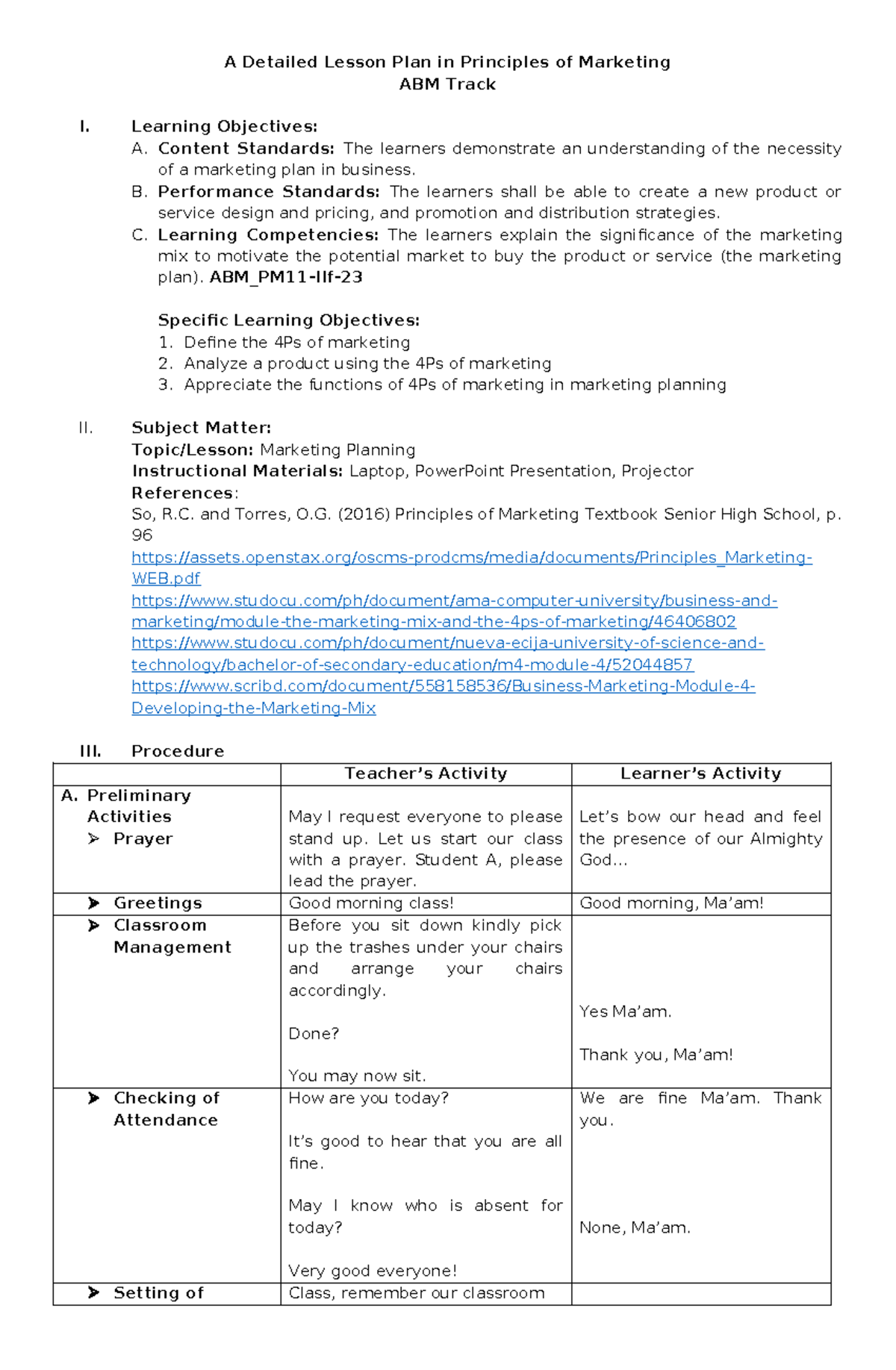 ABM Lesson Plan: Understanding the 4Ps of Marketing Strategies - Studocu