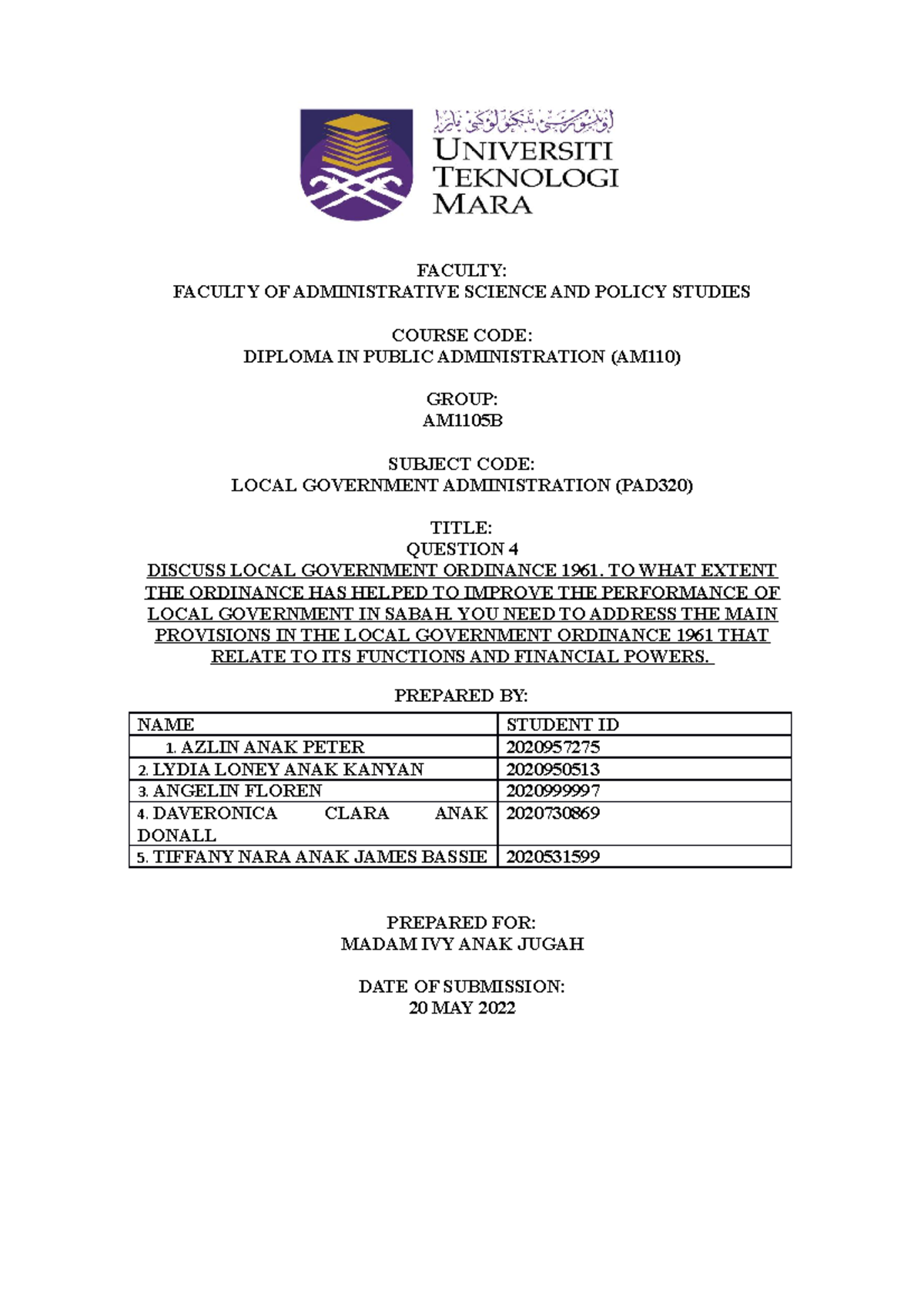 Discussion on Local Government Ordinance 1961 - PAD320 Assignment ...