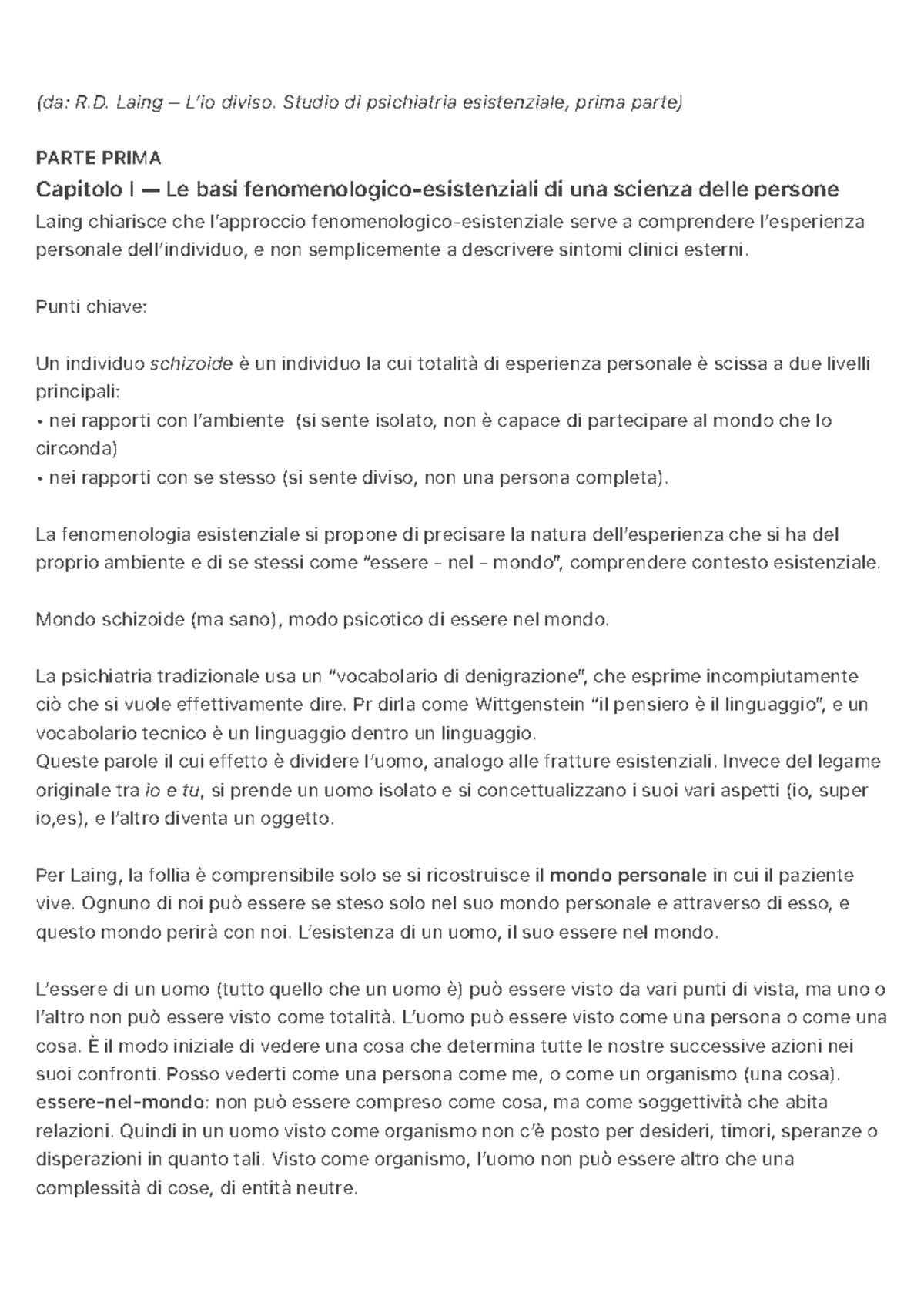 R.D. Laing: Studio di Psichiatria Esistenziale - Parte Prima - Studocu
