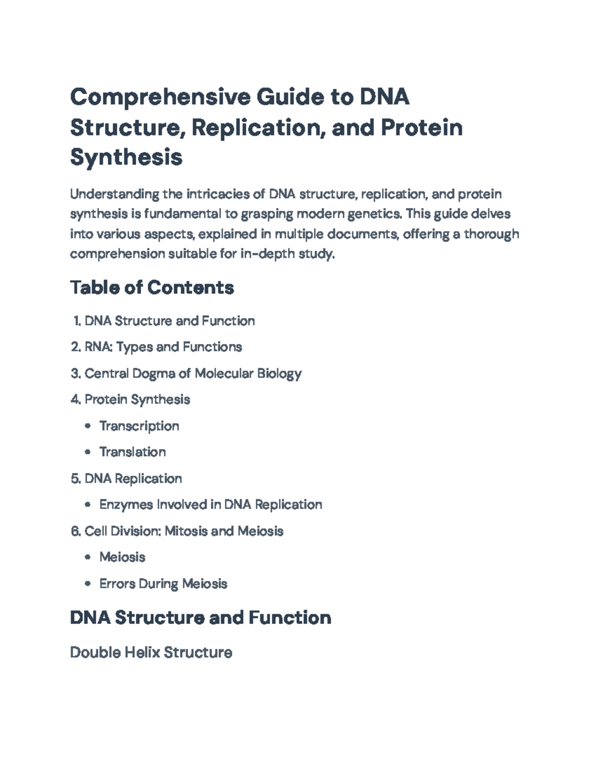 Comprehensive Guide to DNA Structure, Replication, and Protein ...