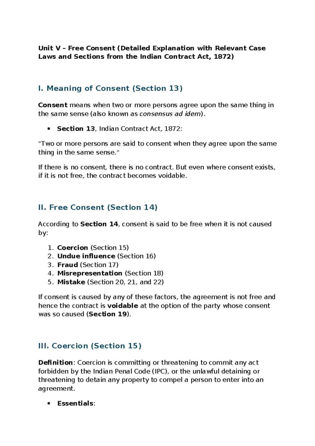 Unit V: Free Consent in Indian Contract Act, 1872 - Detailed Analysis ...