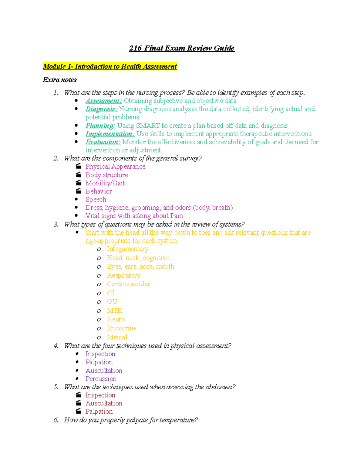 216 Health Assessment Final Exam Review Guide and Key Concepts - Studocu