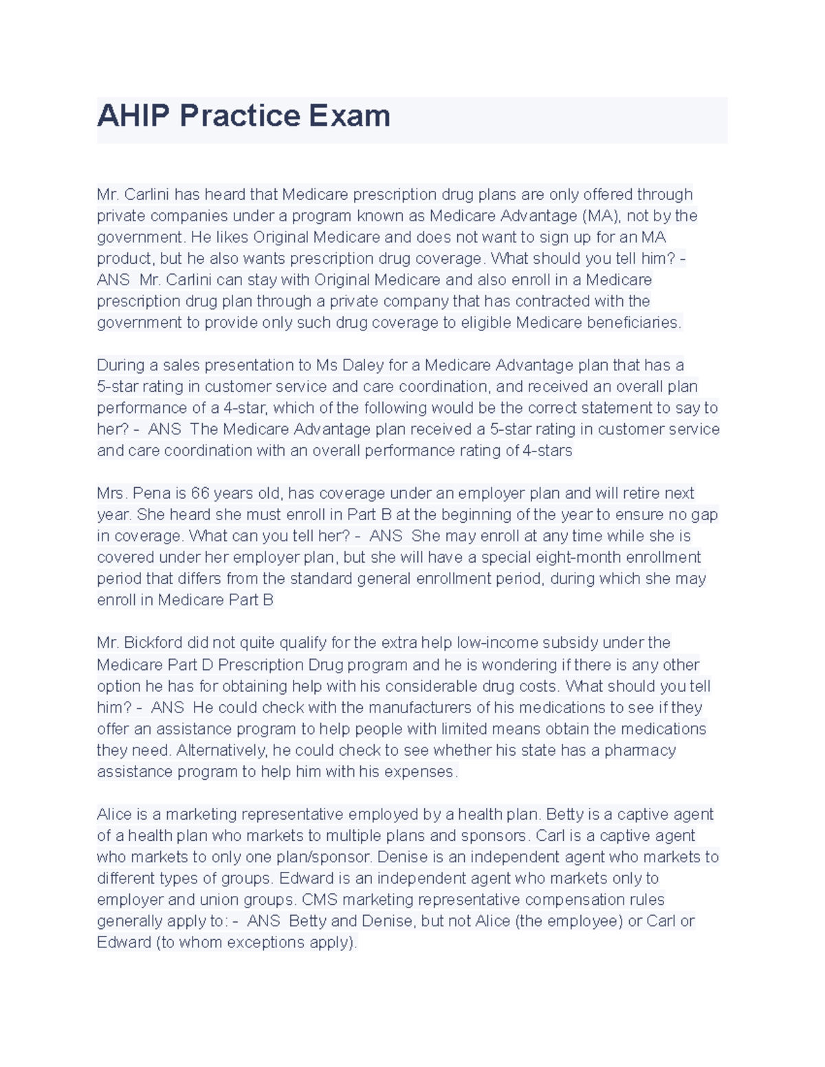 AHIP Final Exam Practice Questions and Answers - Medicare Coverage ...