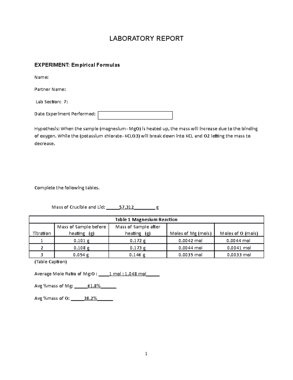 Exp 7 Lab Report: Empirical Formula Calculations of MgO & KClO3 - Studocu