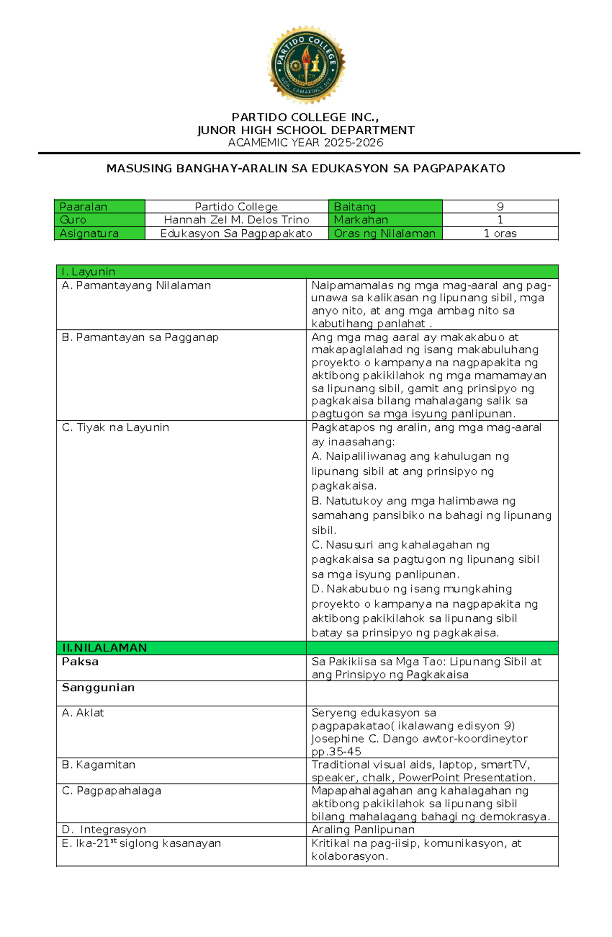 ESP 9 Module 4 - Lesson 4: Lipunang Sibil at Pagkakaisa - Studocu