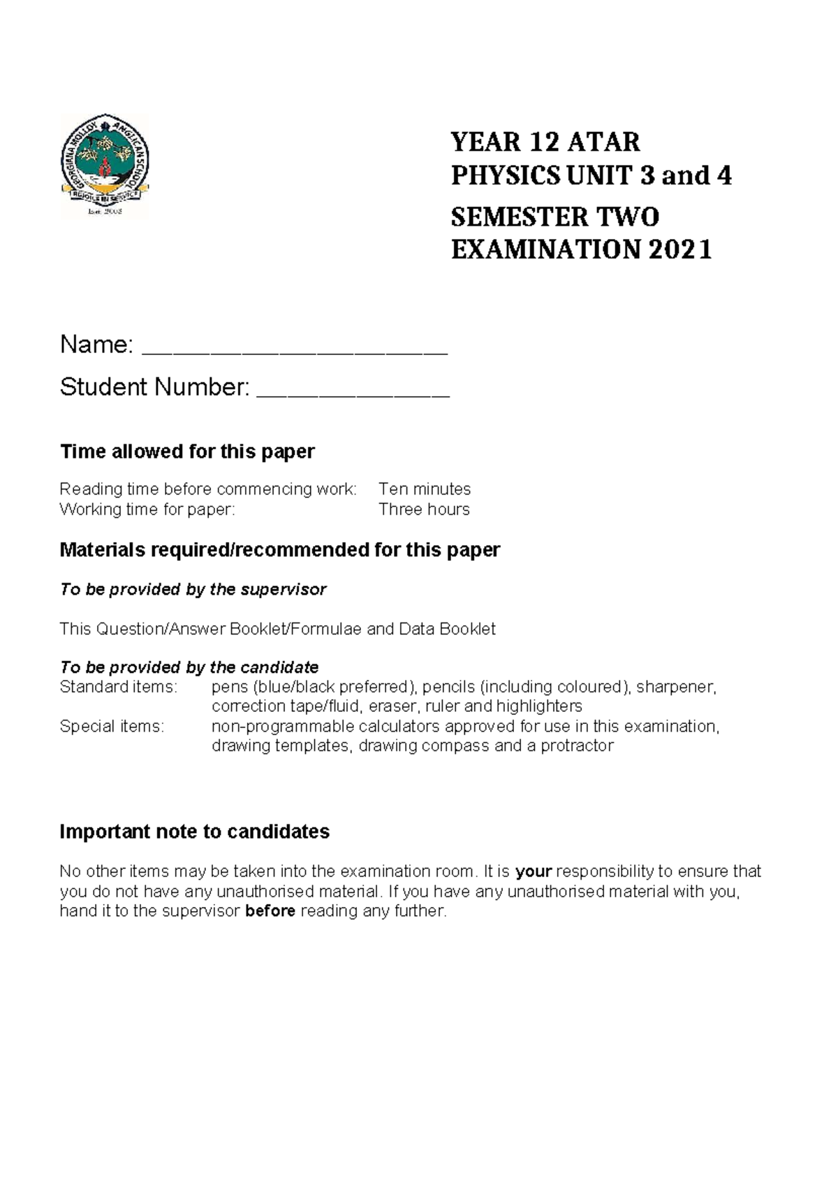 Physics Unit 3 & 4 Final Exam 2021: Year 12 ATAR Examination - Studocu