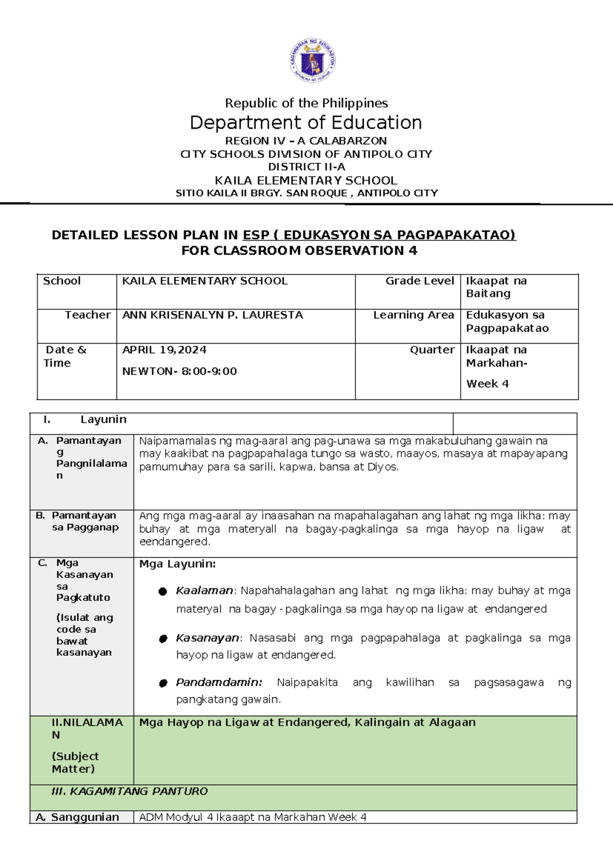 COT ESP 4 Detailed Lesson Plan for Q4 W4: Animal Welfare and Care - Studocu