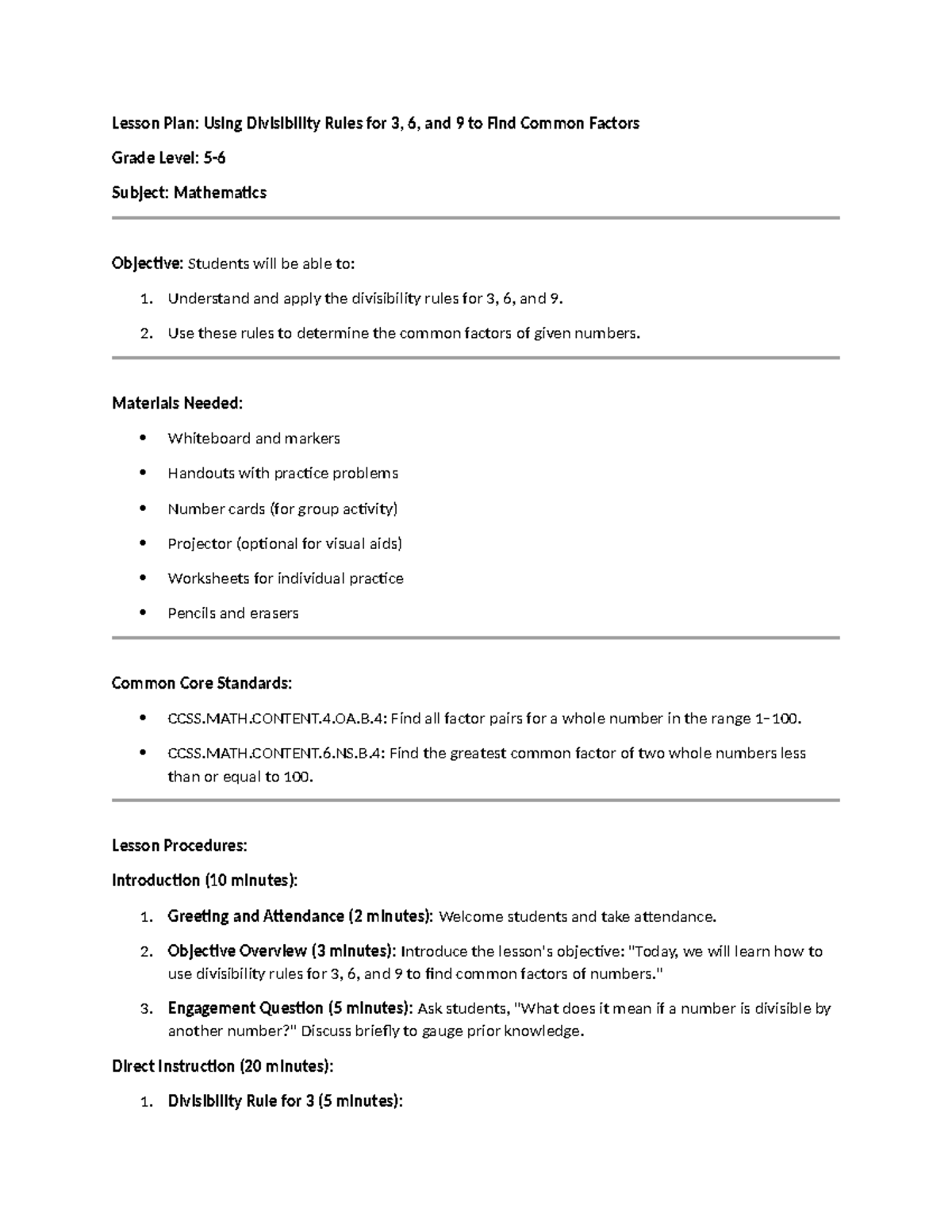 Lesson Plan: Divisibility Rules for 3, 6, 9 in Math (Grade 5) - Studocu