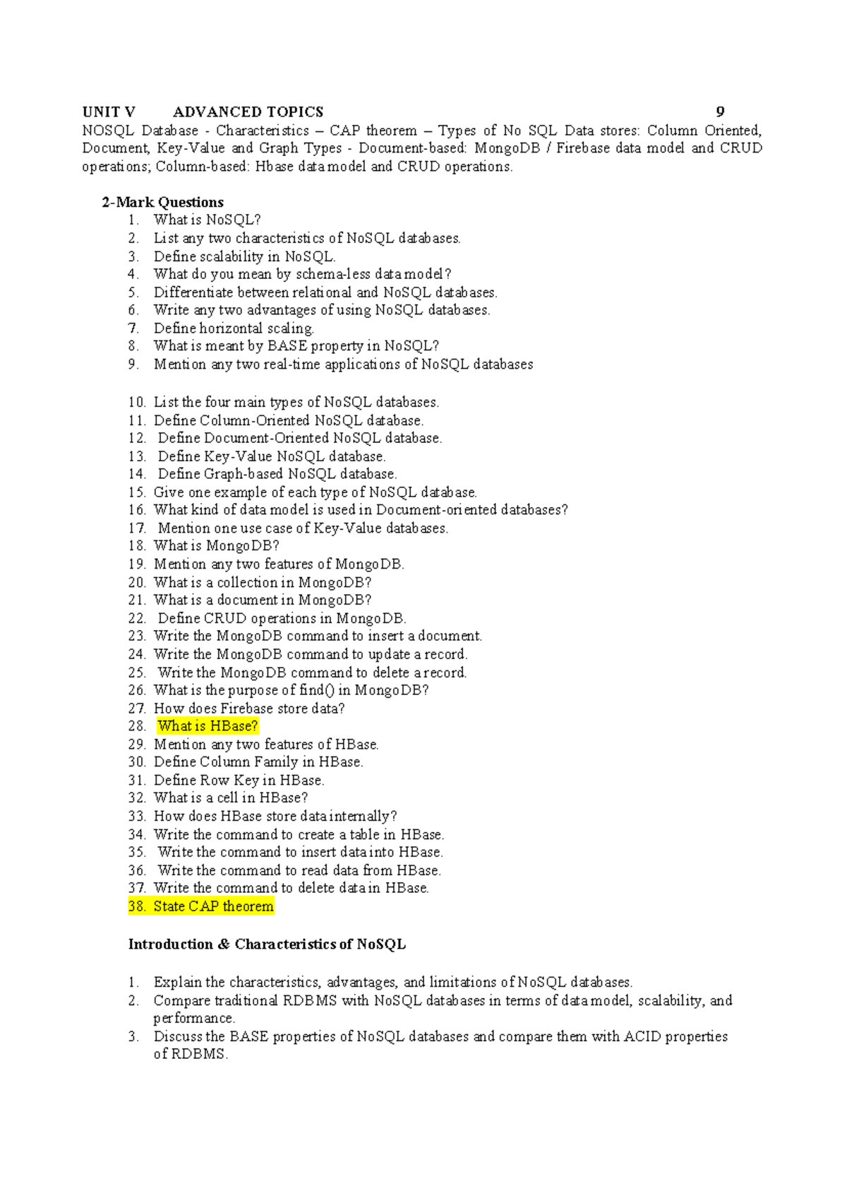 UNIT V - Question Bank on NoSQL Databases and CAP Theorem - Studocu