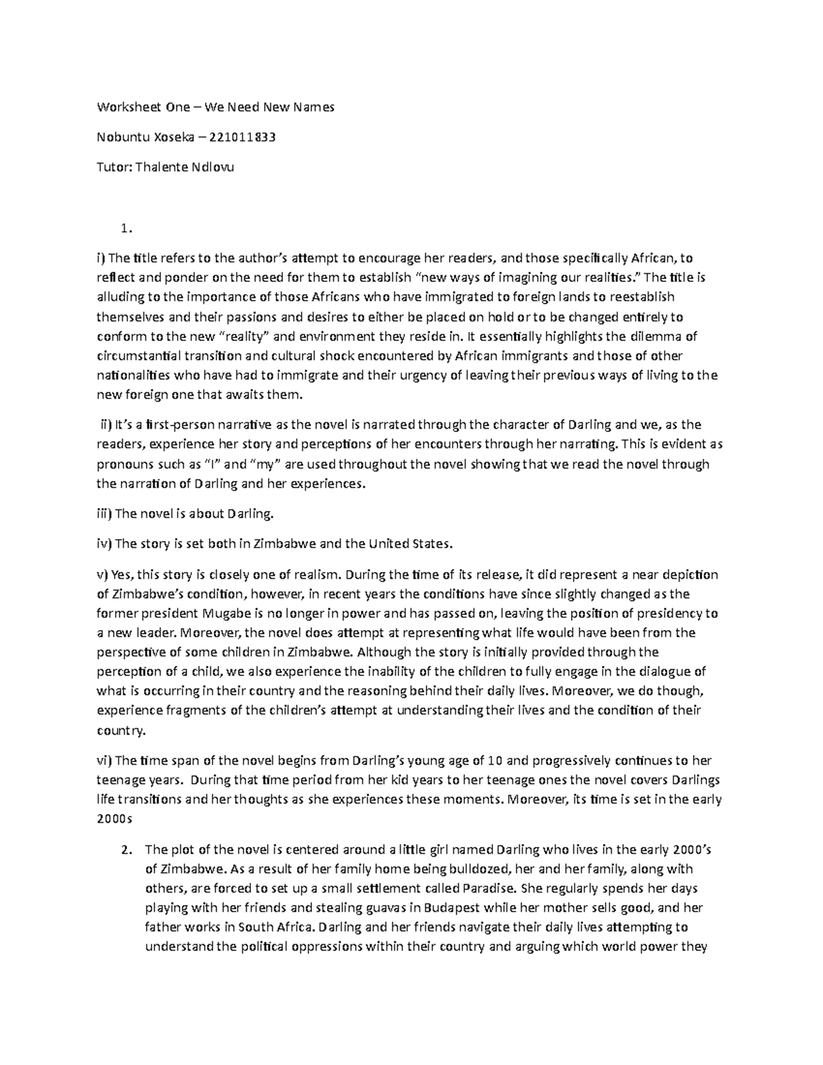 We Need New Names - Tutorial Work - Worksheet One – We Need New Names Nobuntu Xoseka – 221011833 ...