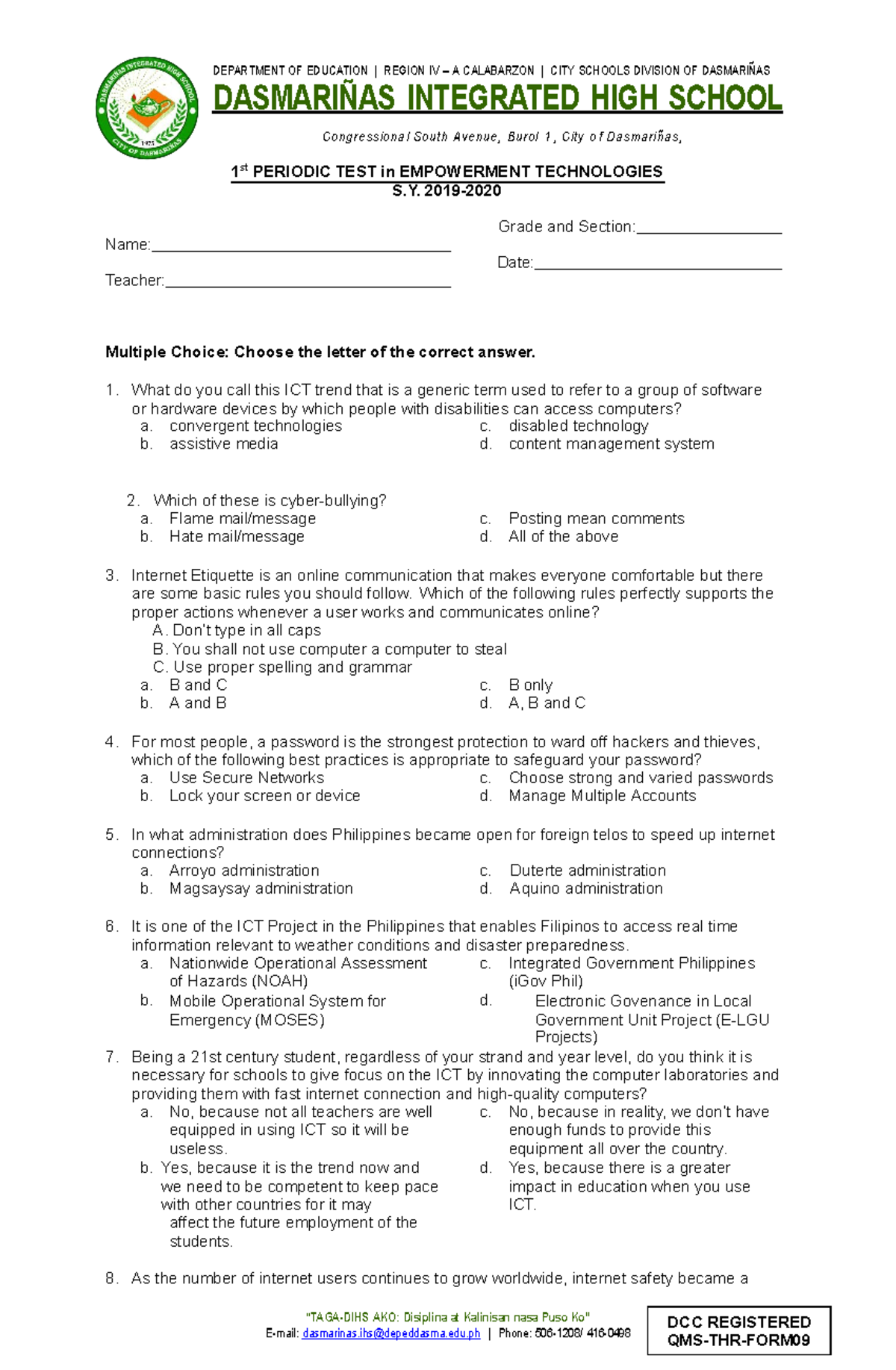 Empowerment Technologies Q1 Periodic Test (S.Y. 2019) - Studocu