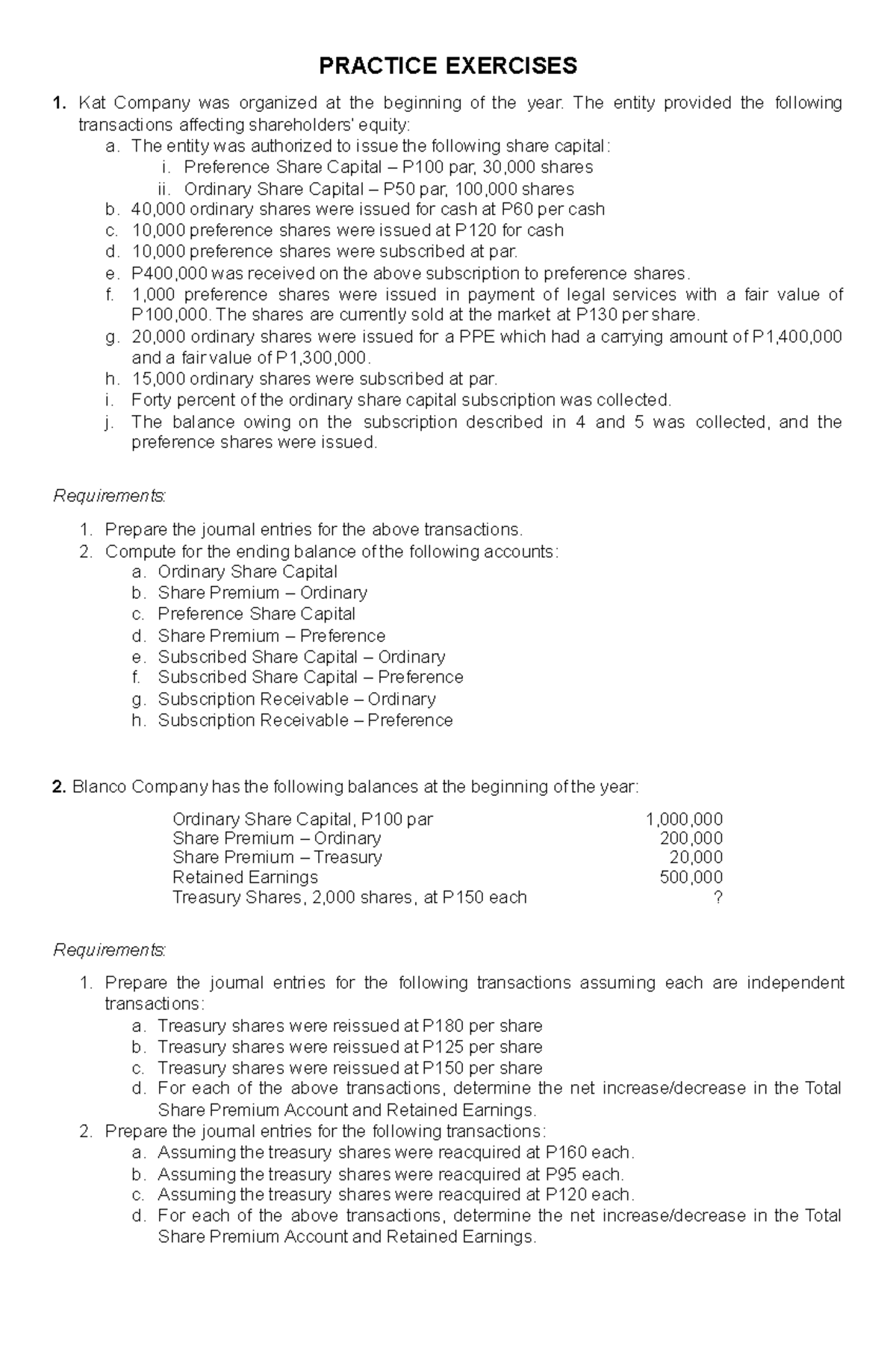 Practice Exercises 1 - INTAC 2: Share Capital Transactions and Journal ...