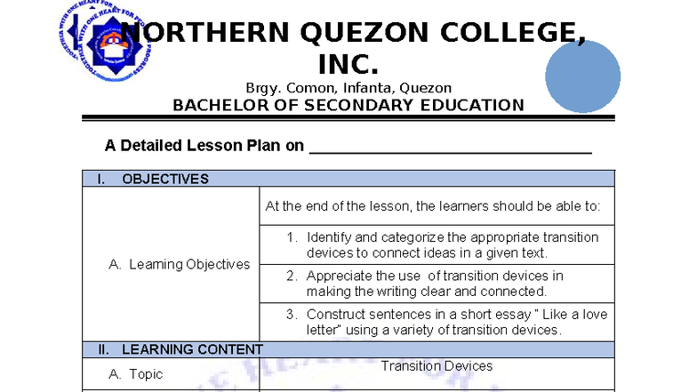 BSED Lesson Plan: Transition Devices and Their Types - Studocu