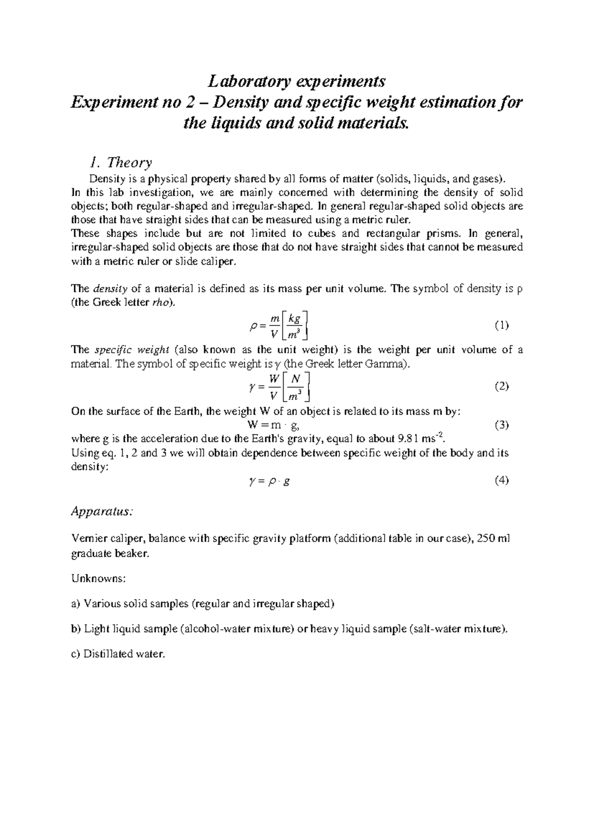 Erasmus v2015 - Fluid Lab Manual: Density & Specific Weight Experiments ...