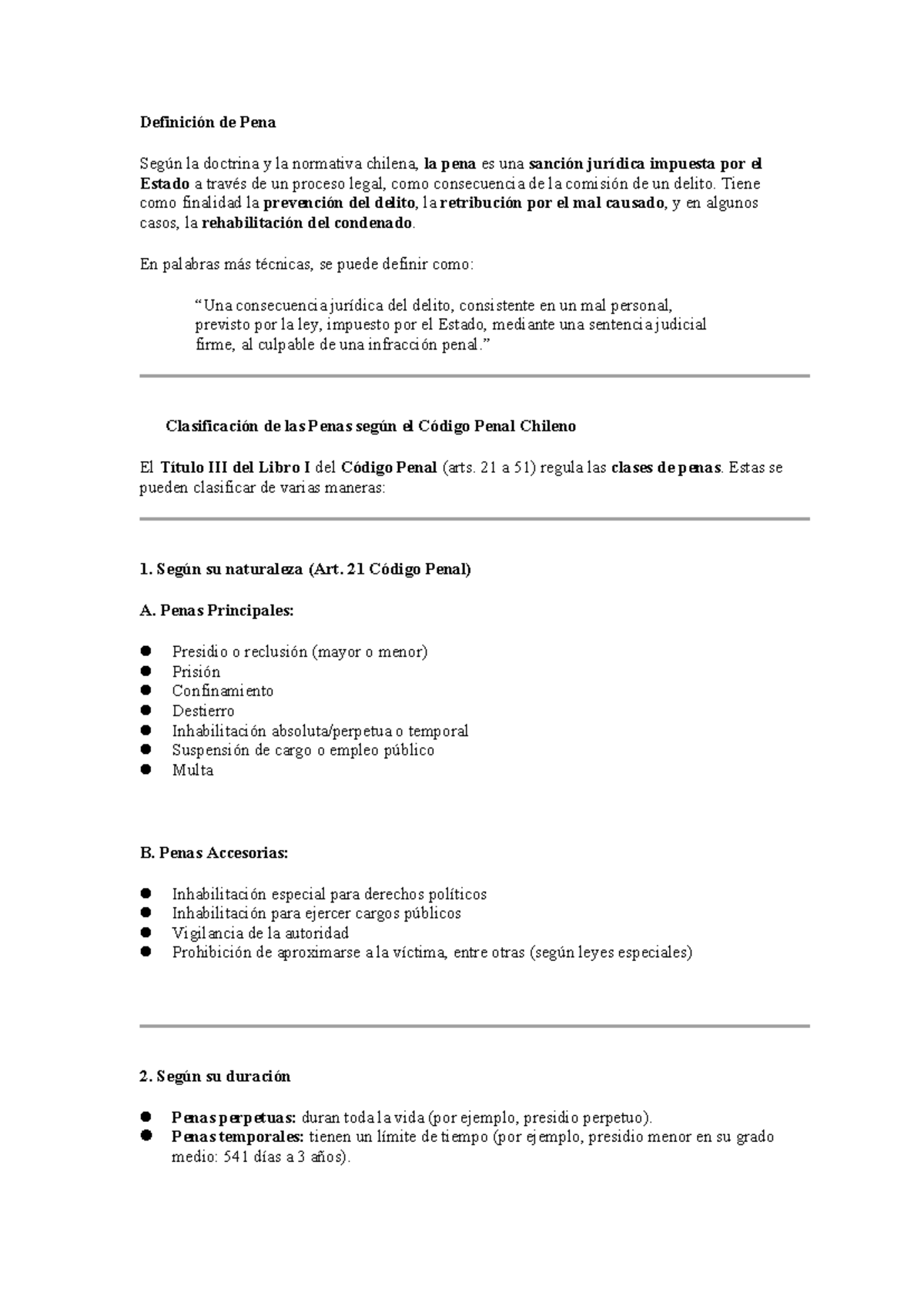 Definición y Clasificación de la Pena en la Normativa Chilena - Studocu