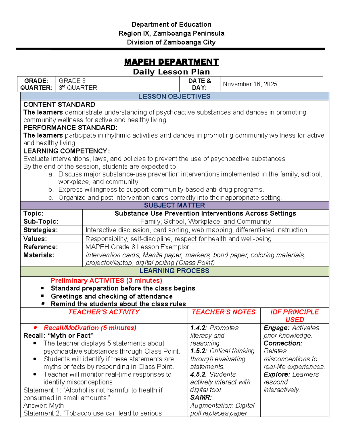 MAPEH 8 Daily Lesson Plan: Substance Use Prevention Interventions - Studocu