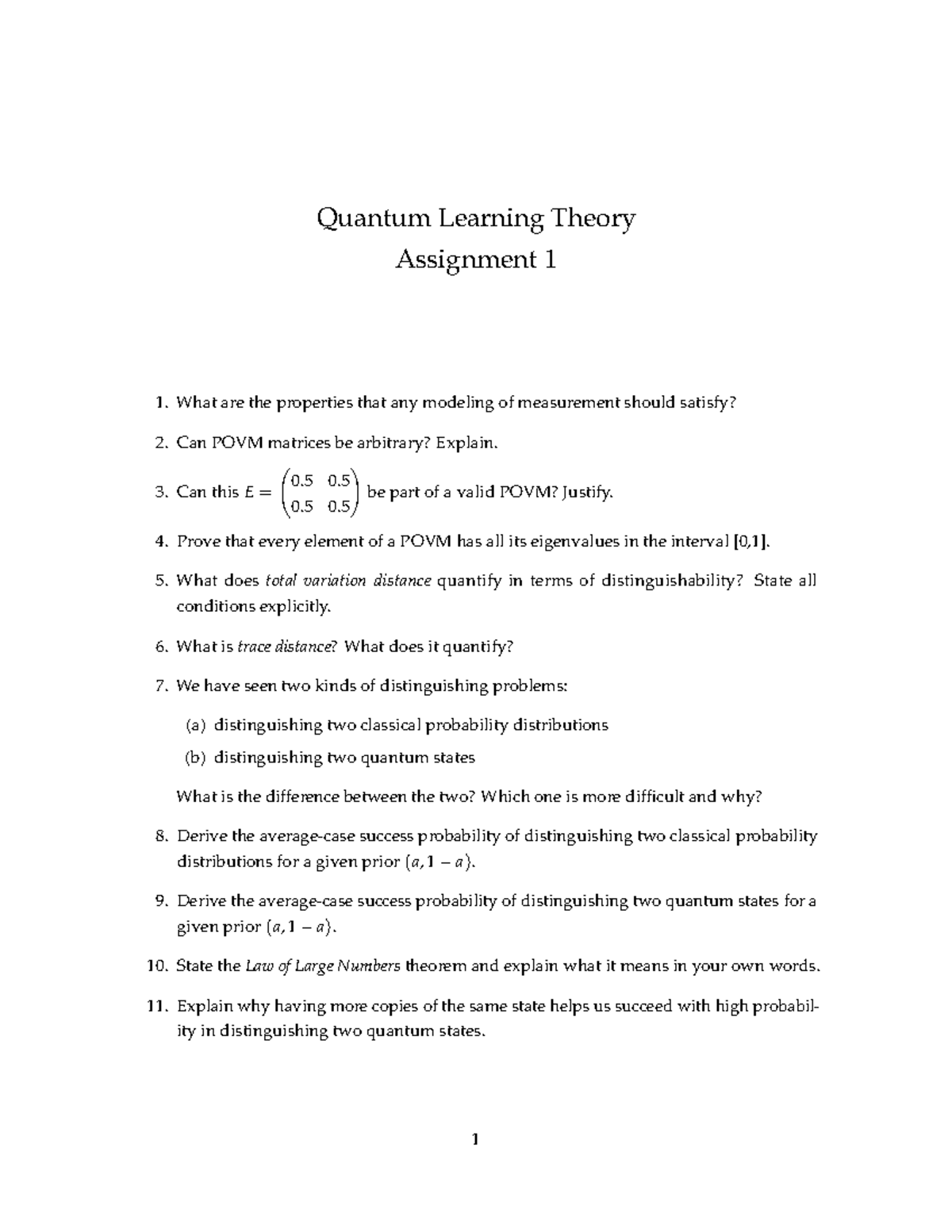 CS552L Quantum Learning Theory Assignment 1: Key Concepts and Questions ...