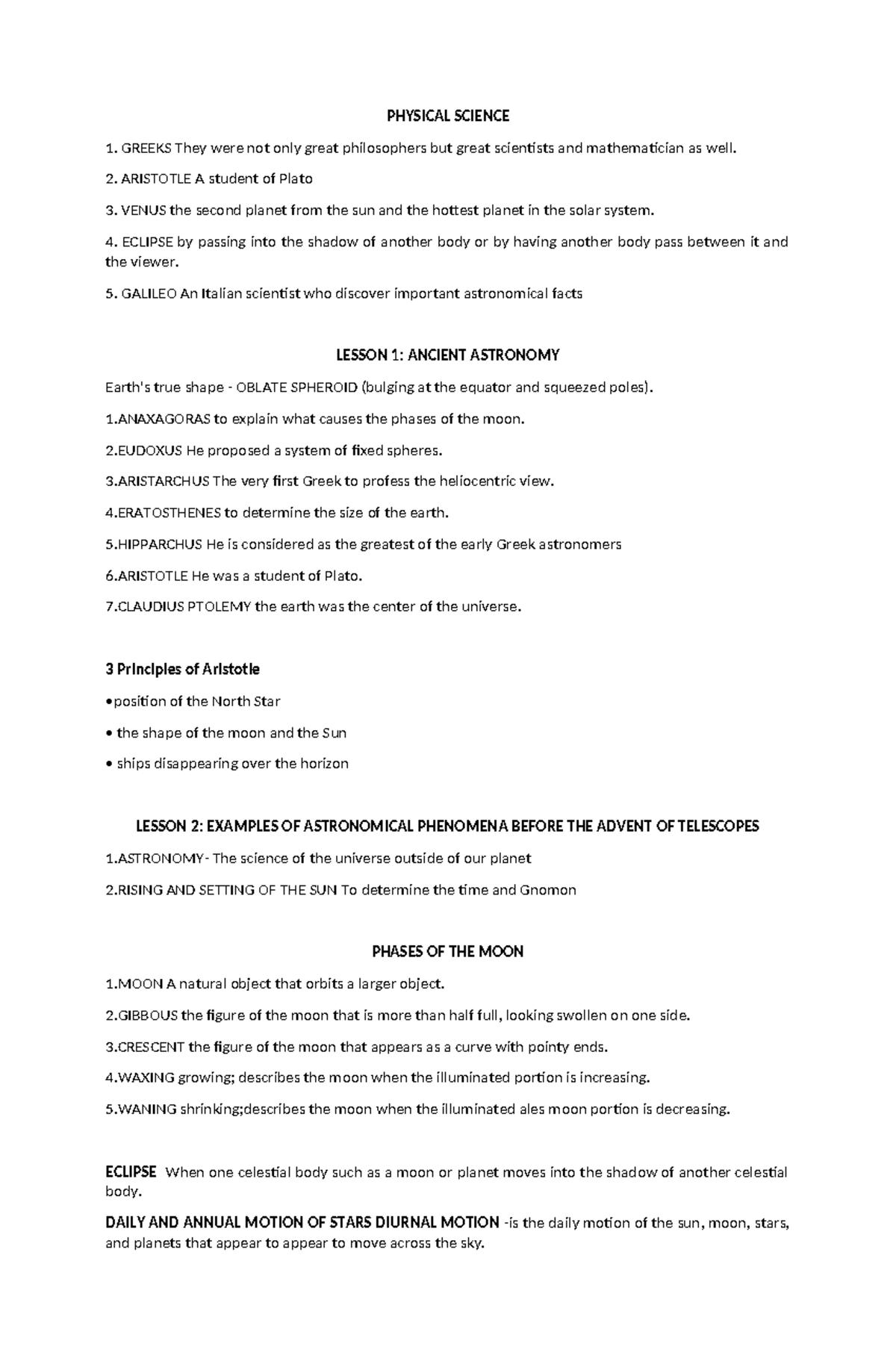 Physical Science - Lectures - PHYSICAL SCIENCE GREEKS They were not ...