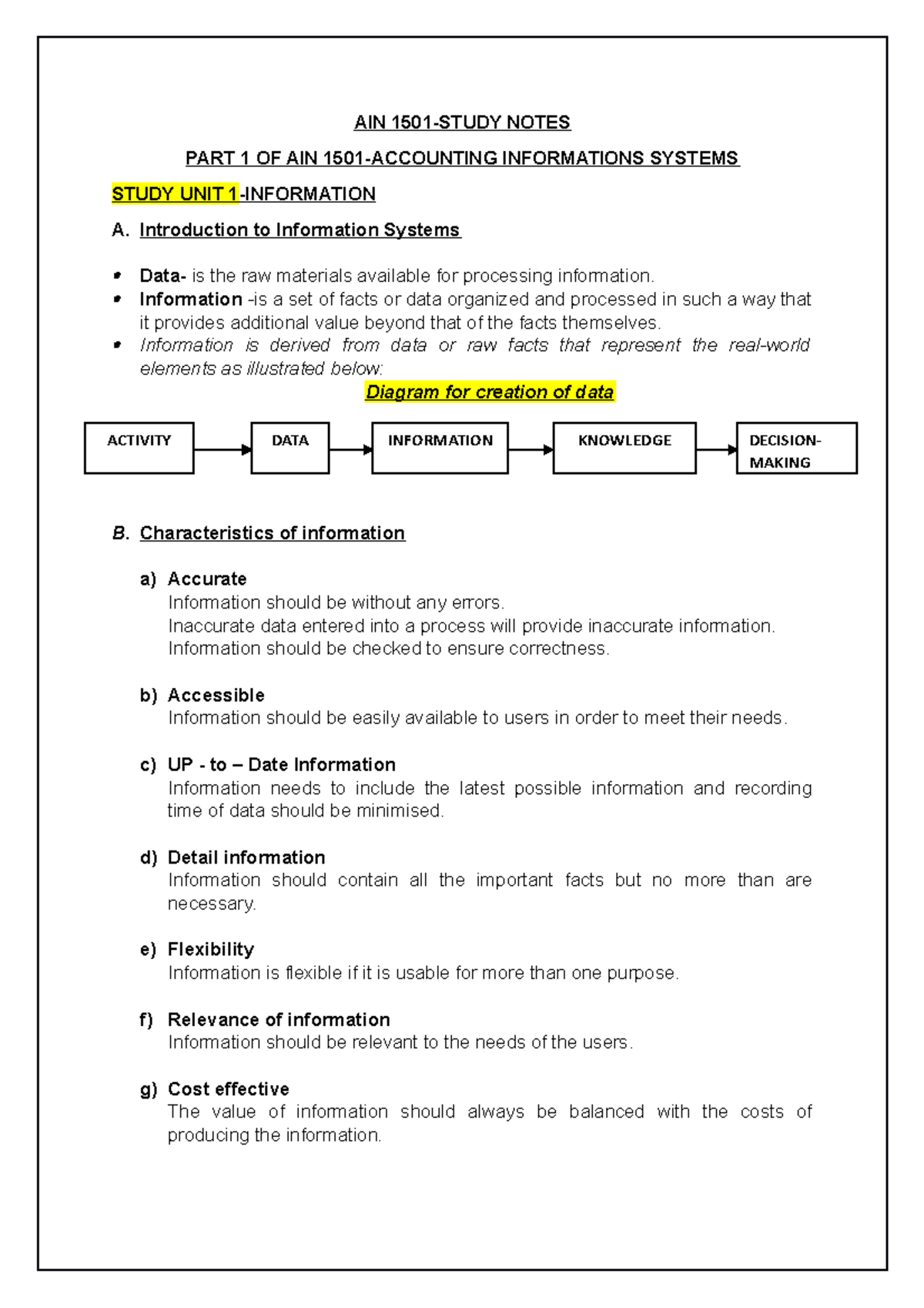 AIN 1501 Final Exam Study Notes: Accounting Information Systems - Studocu