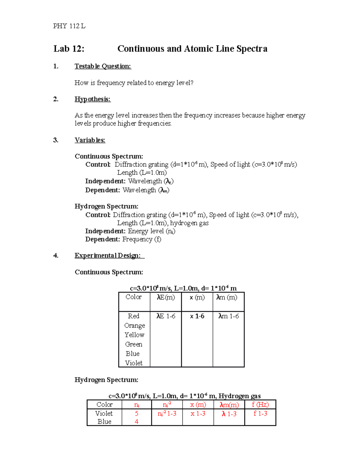 Phy112l - Lab 12: Exploring Continuous and Atomic Line Spectra - Studocu