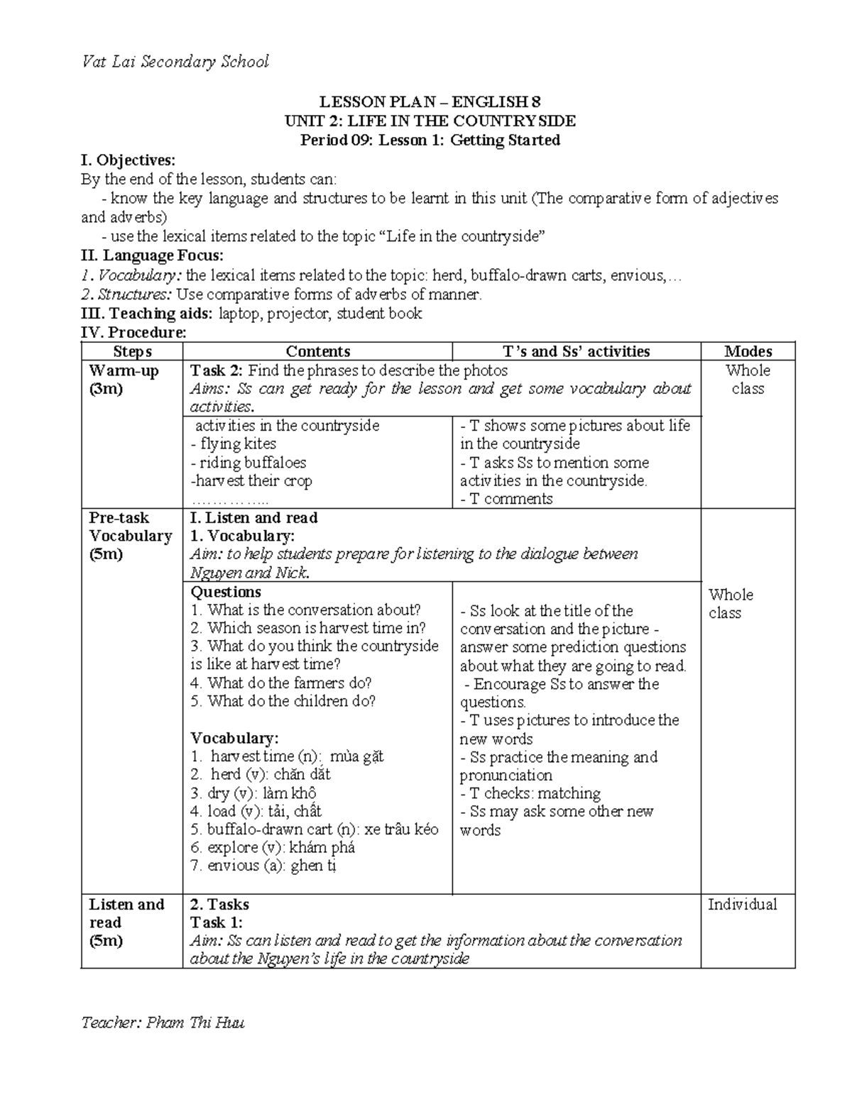 Lesson Plan E8 Unit 2: Getting Started - Life in the Countryside - Studocu