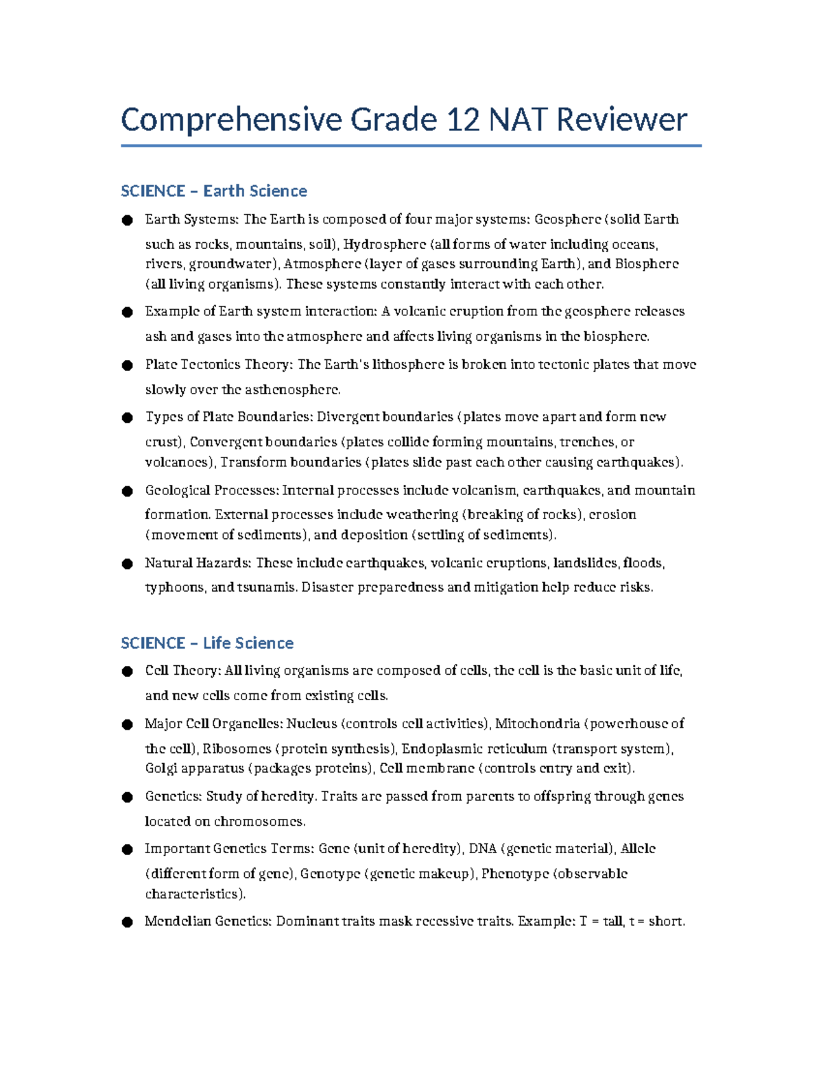 Grade 12 NAT Comprehensive Science Reviewer: Earth, Life, and Physical ...