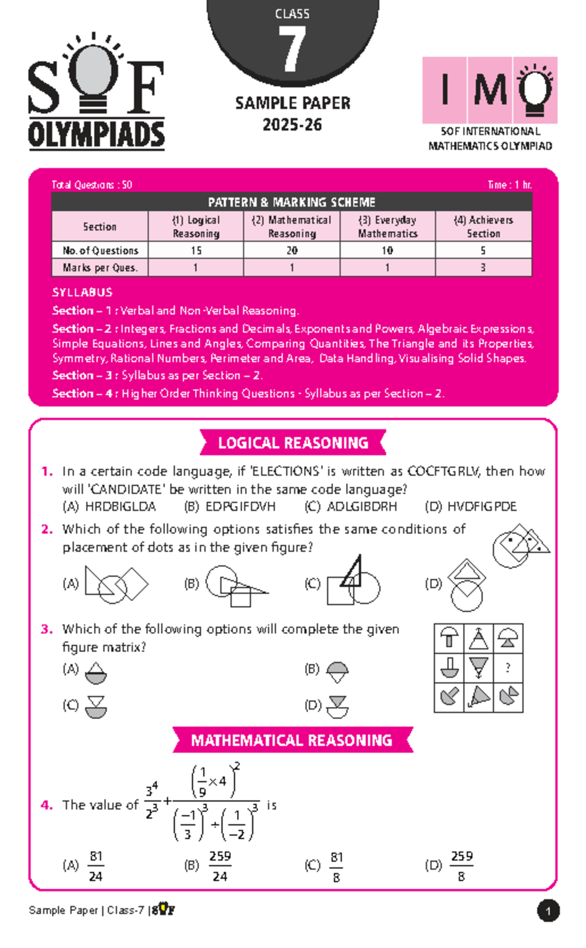 IMSO Class 7 Sample Paper 2025-26: 50 Questions Overview - Studocu