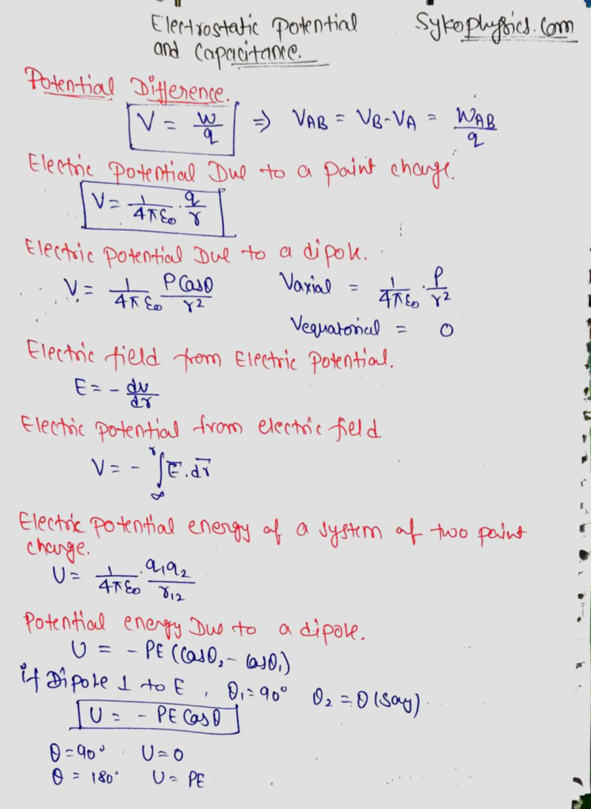 Formula sheet electric potential and capacitance class 12 physics - Biology HL - Electrostatic ...
