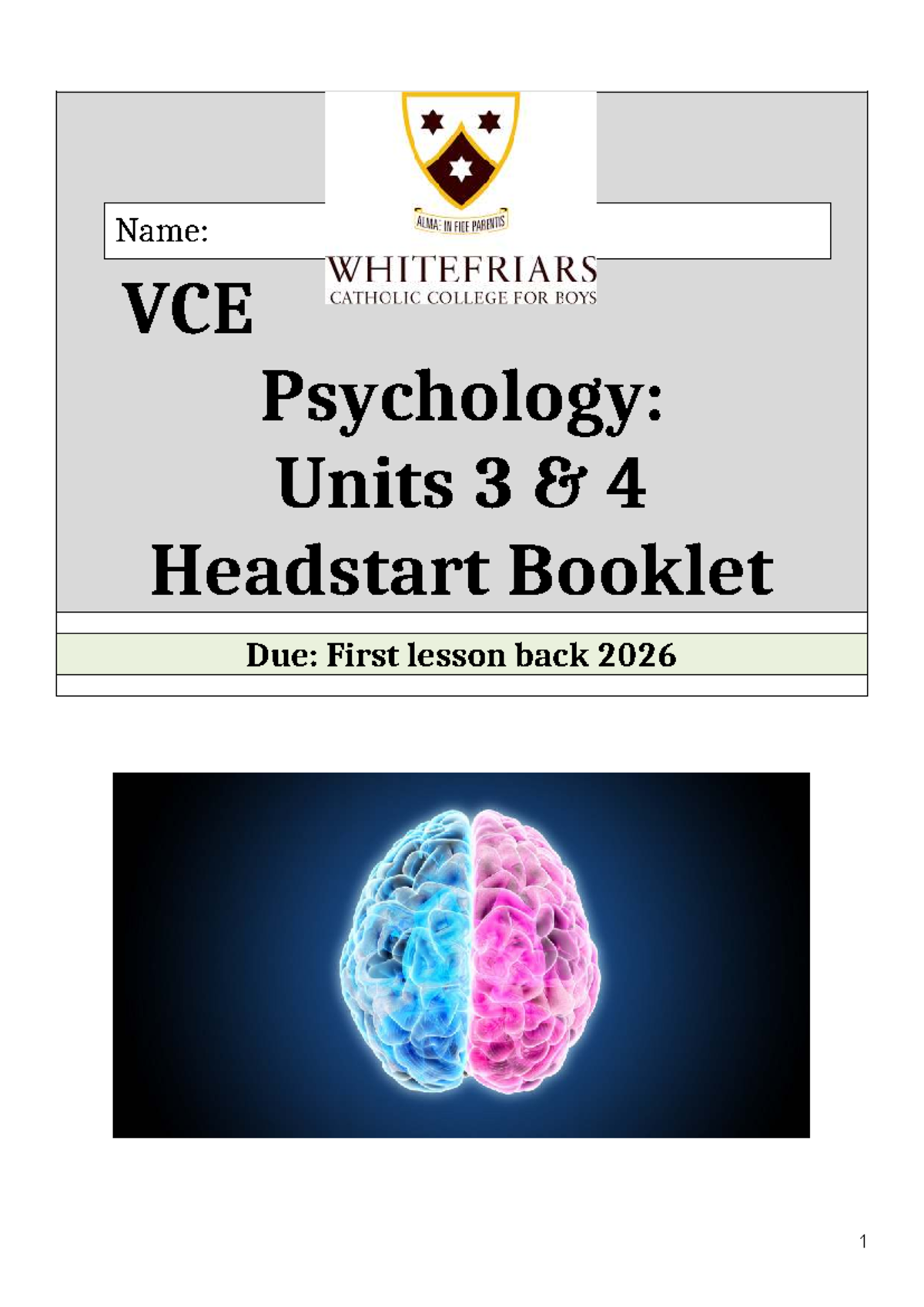 VCE Psychology Units 3 & 4: 2026 Headstart Booklet & Class Activities ...