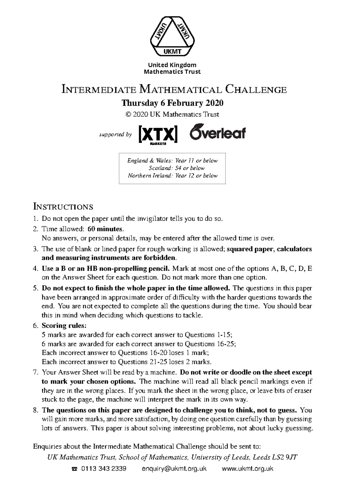 2020 UKMT Intermediate Mathematical Challenge Instructions and ...