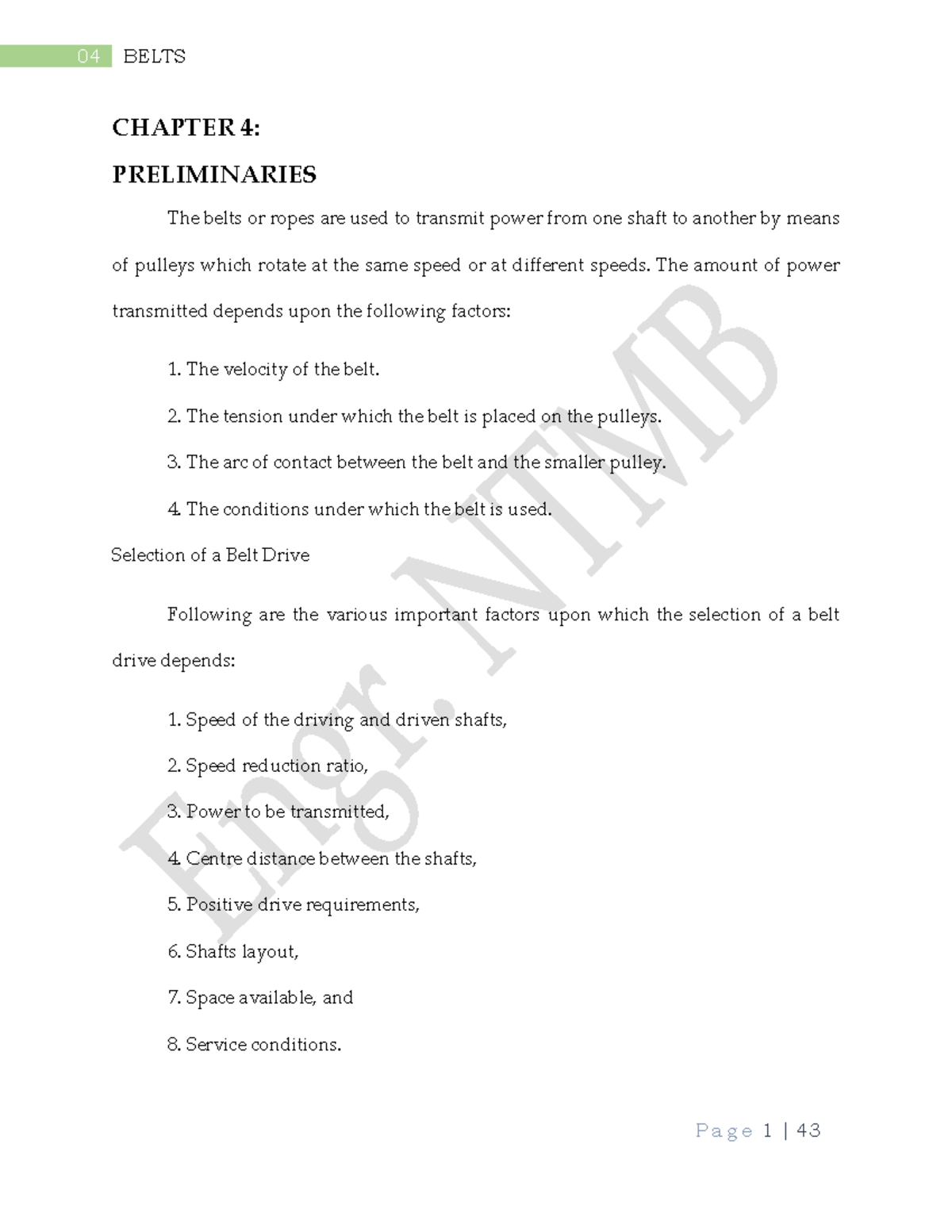 04 Flexible Power Transmitting Elements - CHAPTER 4 : PRELIMINARIES The ...