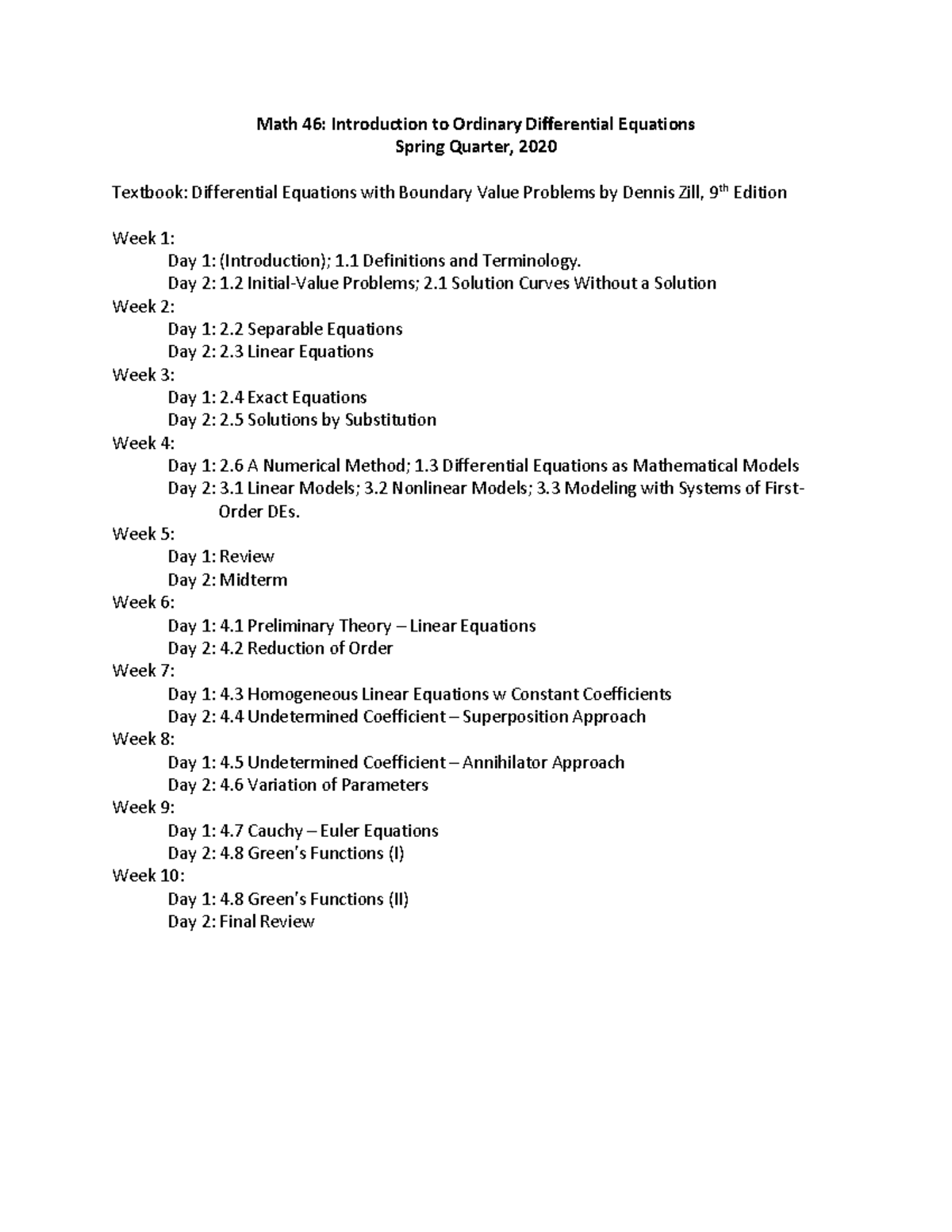 Math 46: Differential Equations Syllabus - Spring 2020 - Studocu