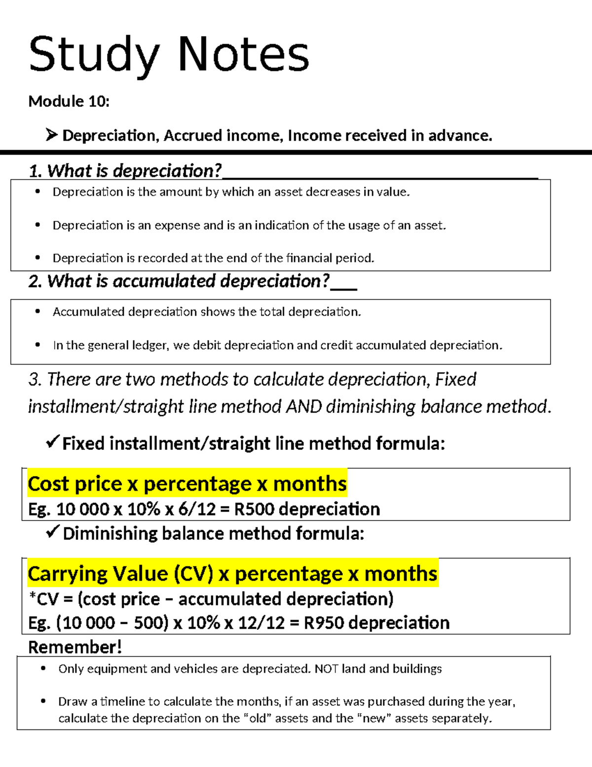 Grade 10 Study Notes: Income Adjustment & Depreciation Methods - Studocu