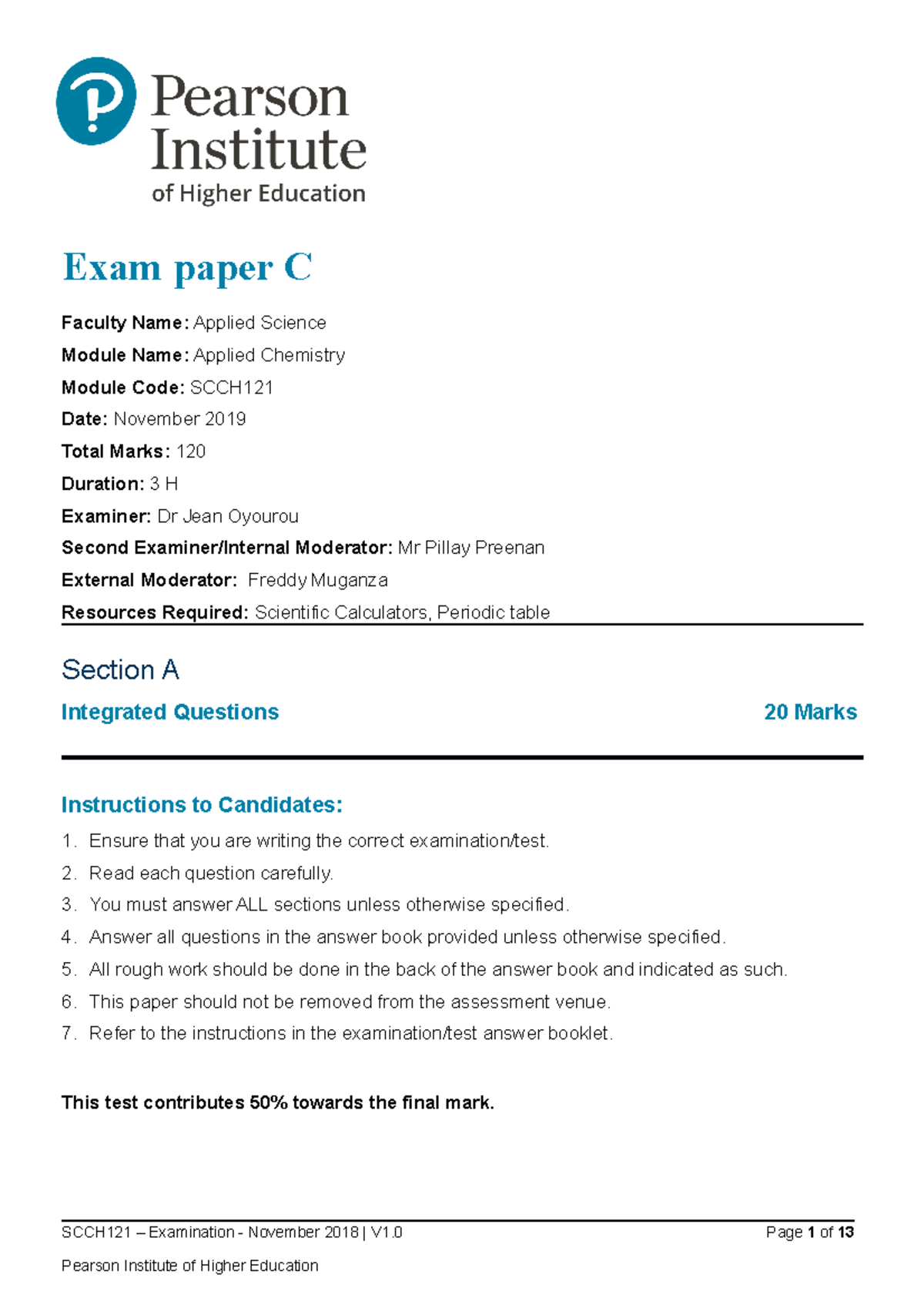 SCCH121 Final Exam Paper C - November 2018 Examination - Studocu