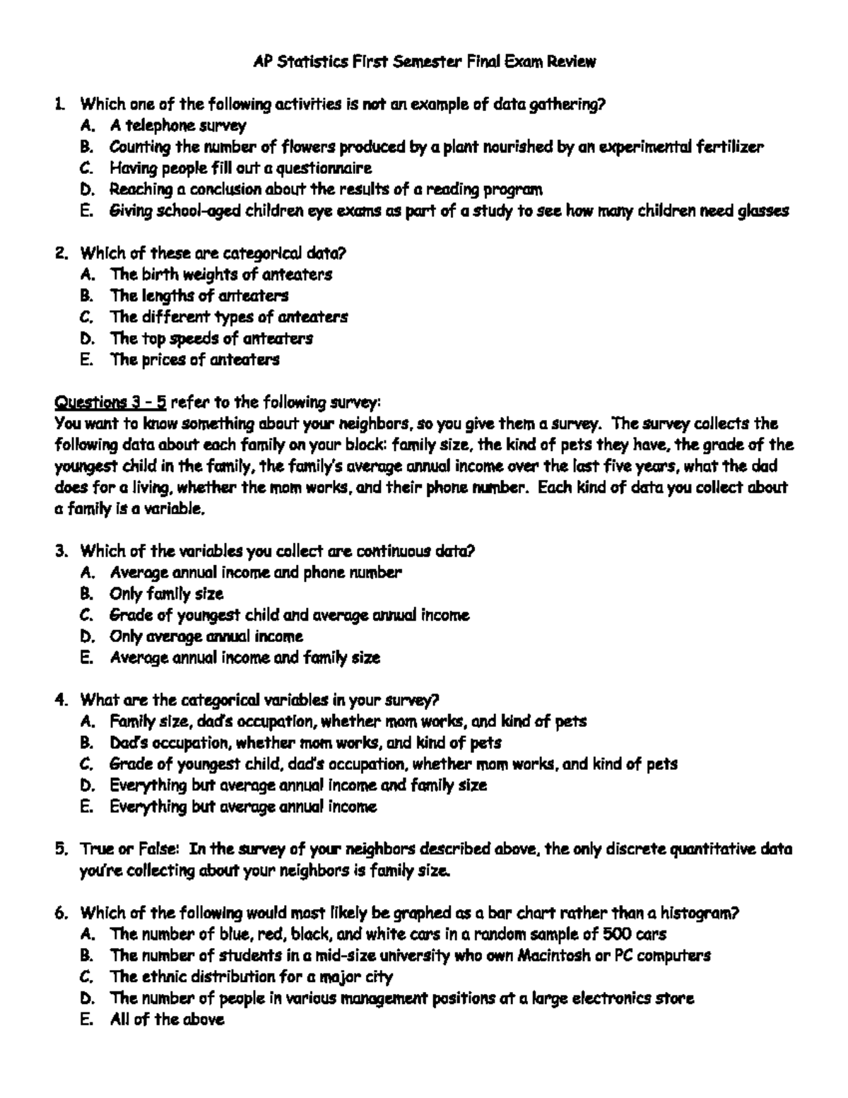 AP Statistics Final Exam Review: Key Concepts and Practice Questions ...