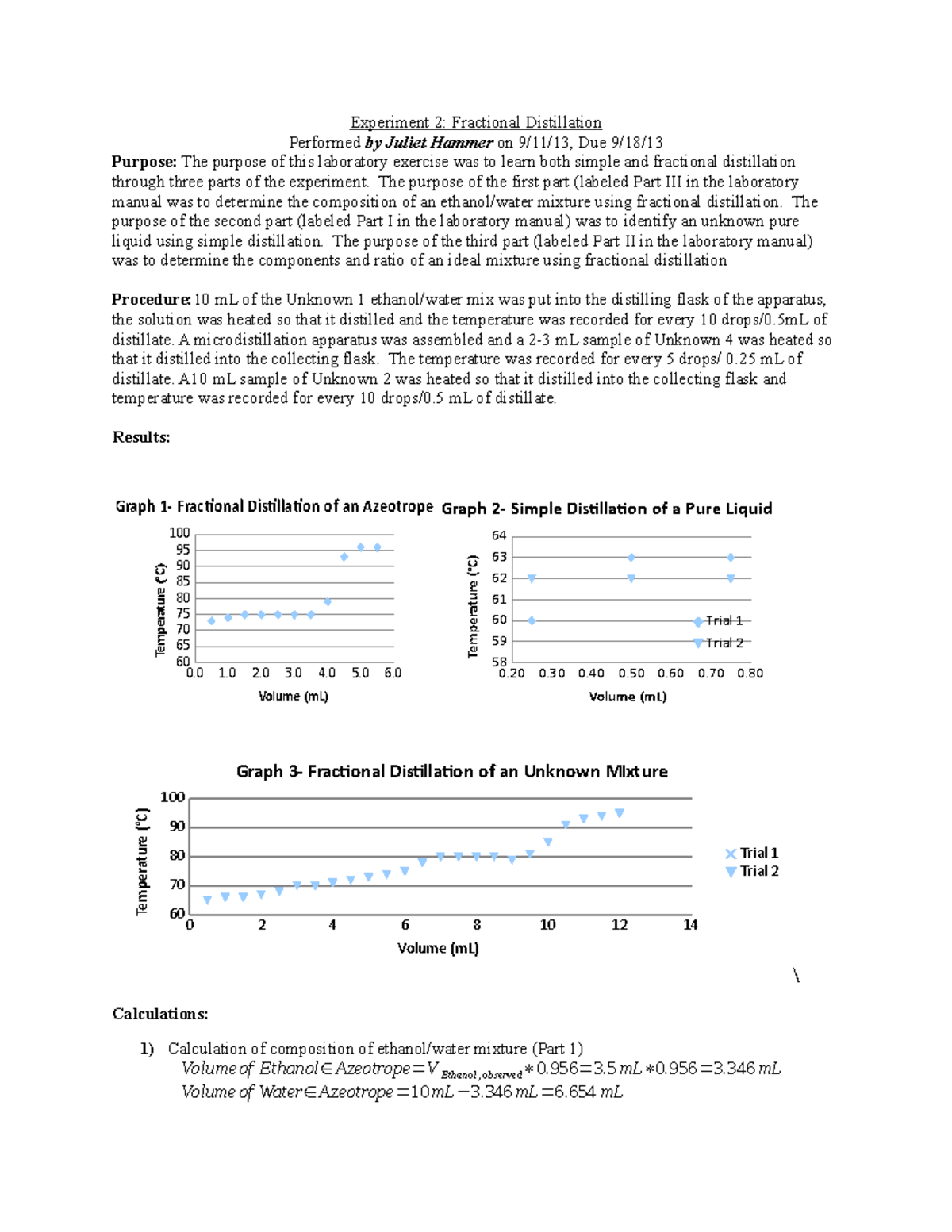 Experiment 2 Lab Report - Experiment 2: Fractional Distillation ...