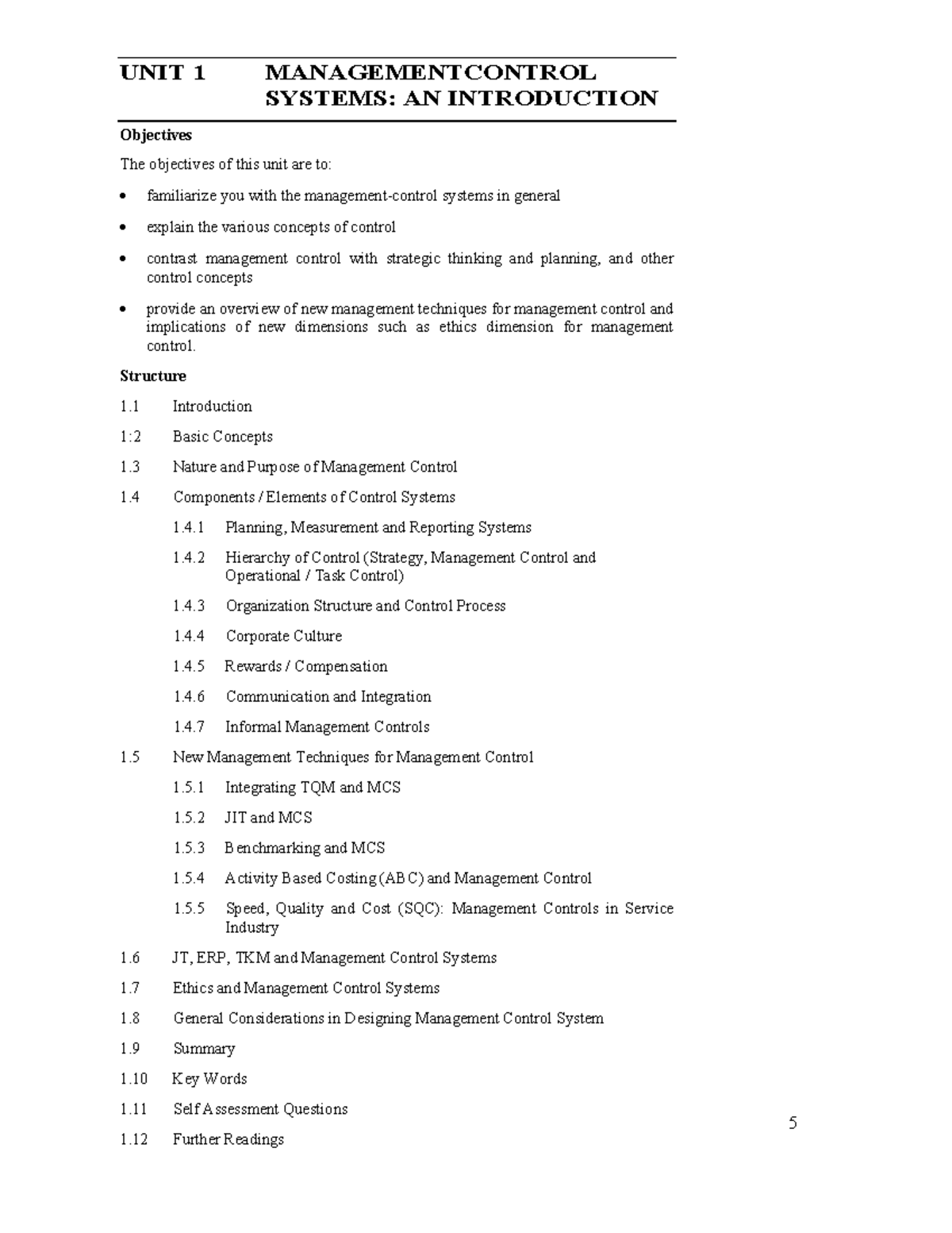 Management Control Systems: Unit 1 Study Notes (MCS101) - Studocu