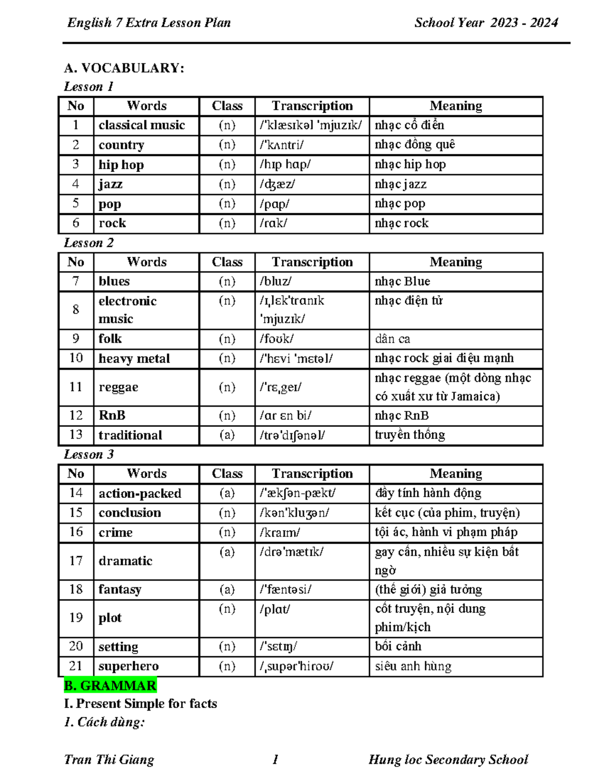 English 7 Extra Lesson Plan: Vocabulary & Grammar Review - Studocu