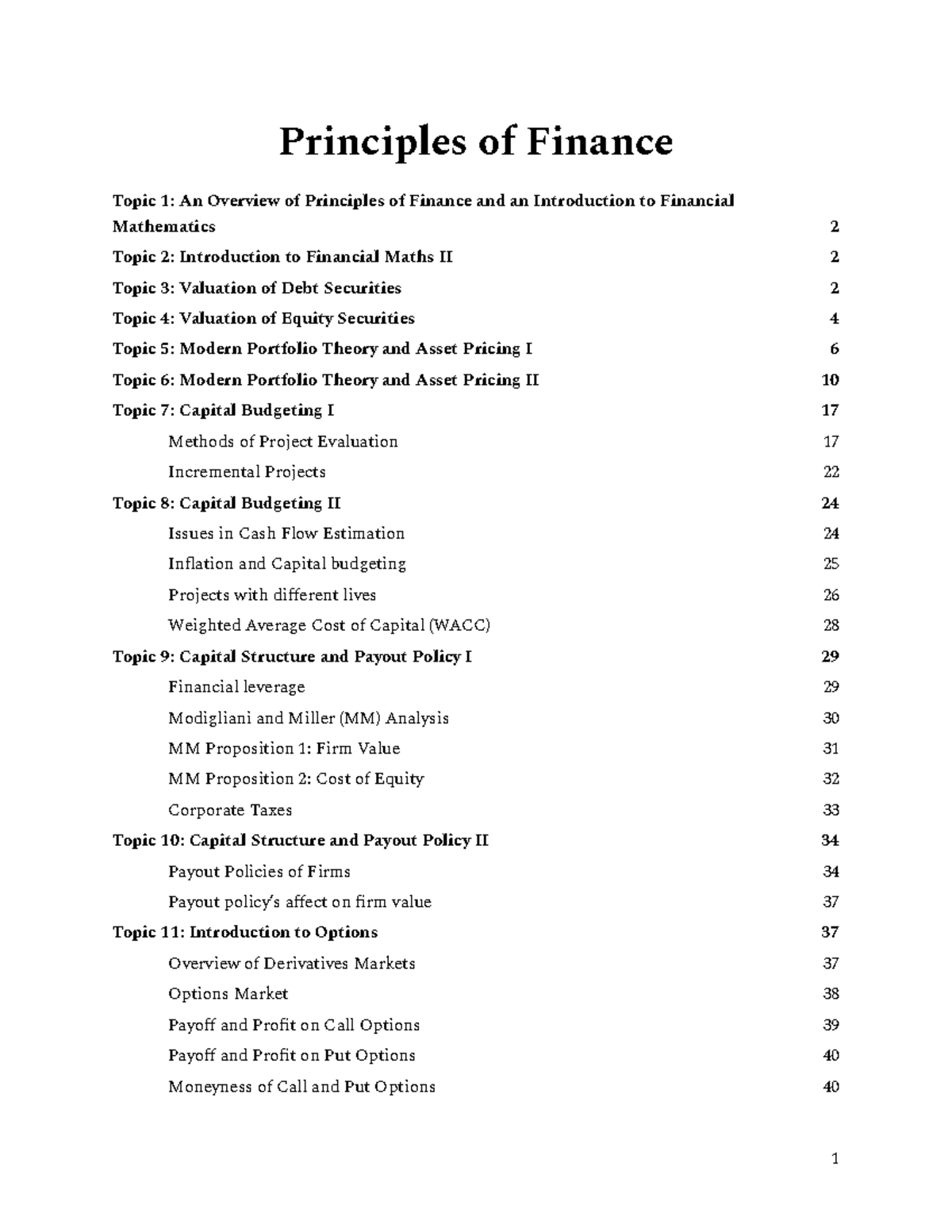 H1 99 Entire Course notes for Exam - Principles of Finance Mathematics ...