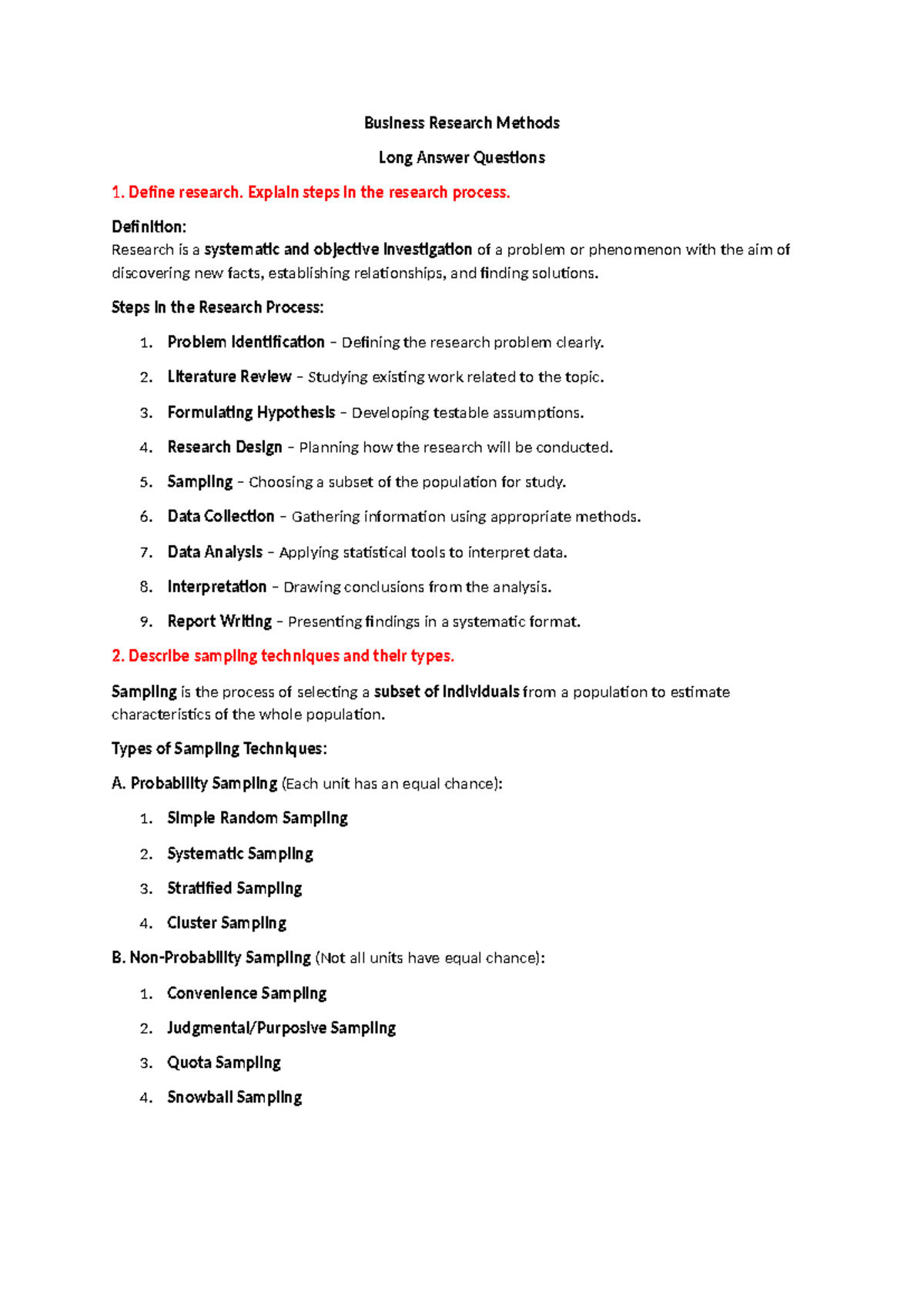 Business Research Methods: Long Answer Questions & Key Concepts - Studocu