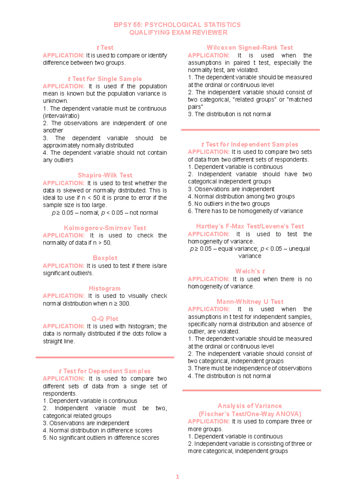 BPSY 55: Qualifying Exam Reviewer on Psychological Statistics - Studocu